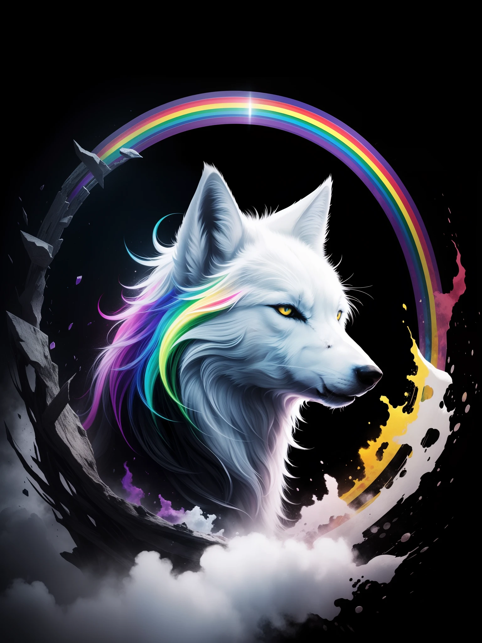 A white wolf with a rainbow mane and a moon in the background - SeaArt AI