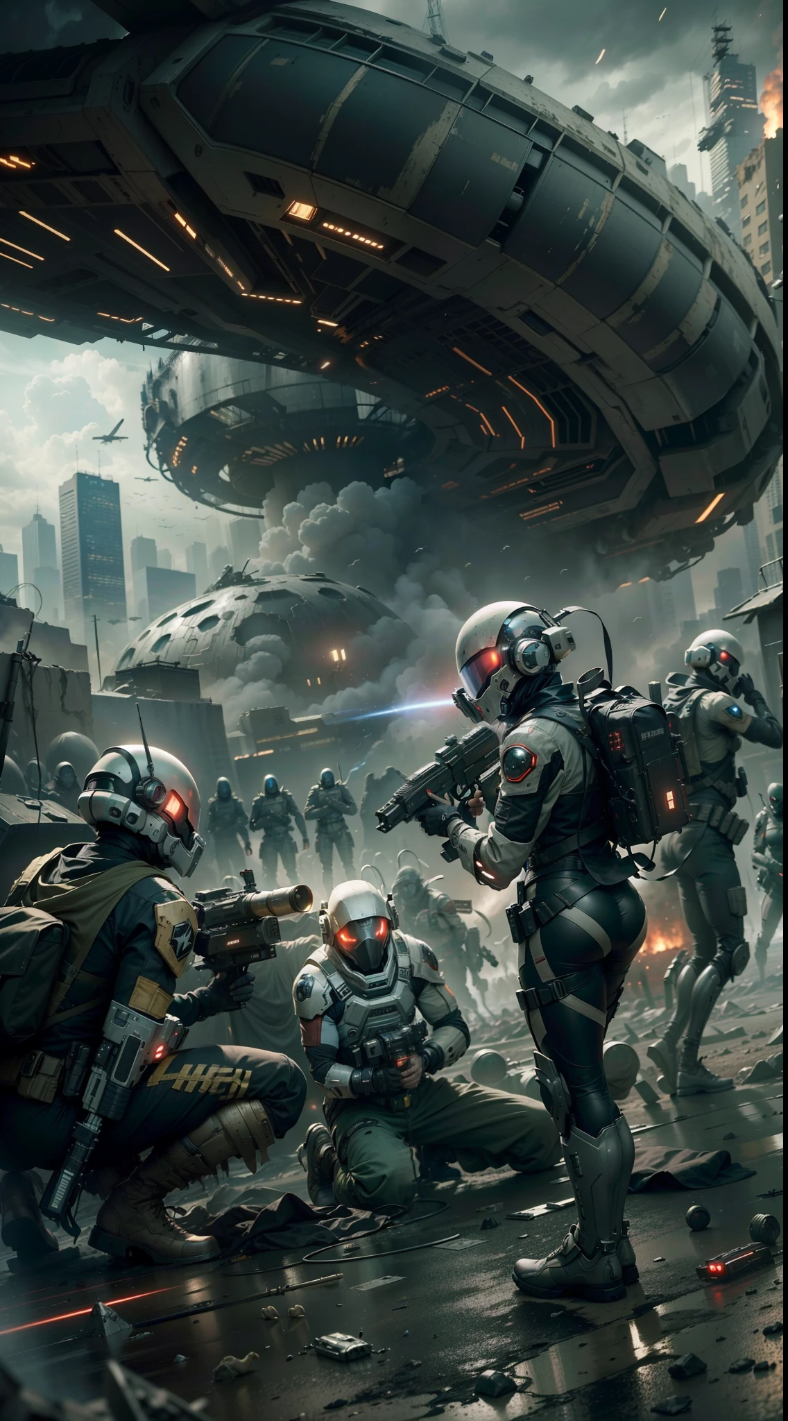 A group of people in futuristic armor standing in front of a spaceship ...