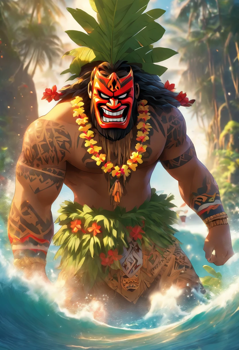 A cartoon image of a man in a hawaiian costume standing in the water ...