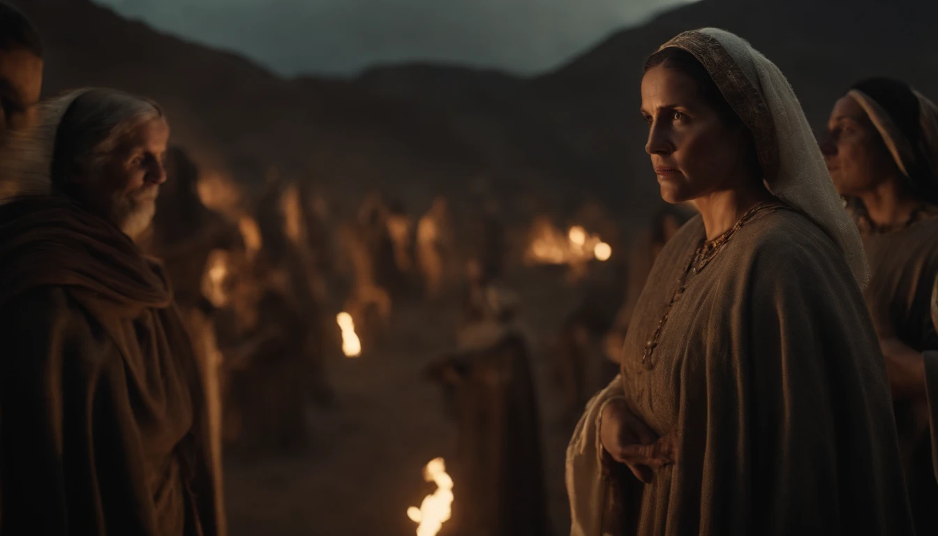The nuns are standing in front of a group of people with torches ...