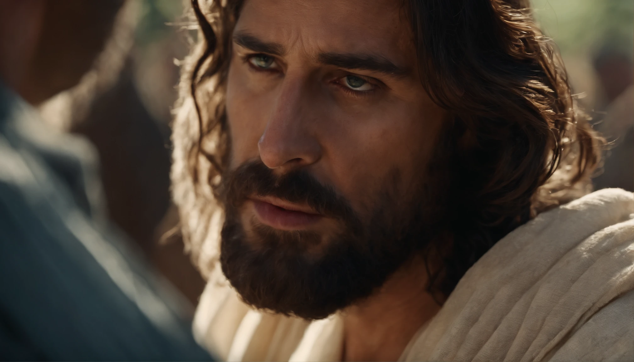 Jesus is looking at the camera with a serious look on his face - SeaArt AI