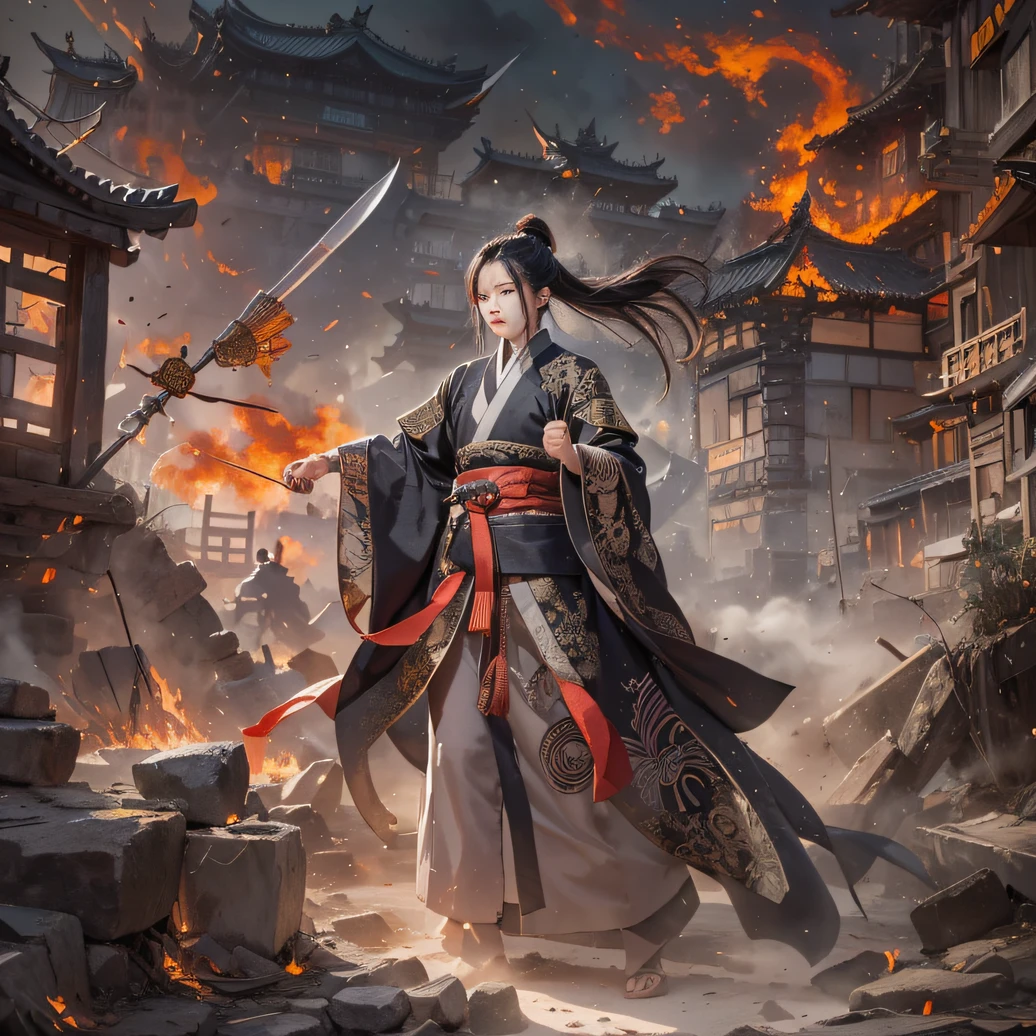 A woman in a kimono outfit holding a sword in front of a fire - SeaArt AI