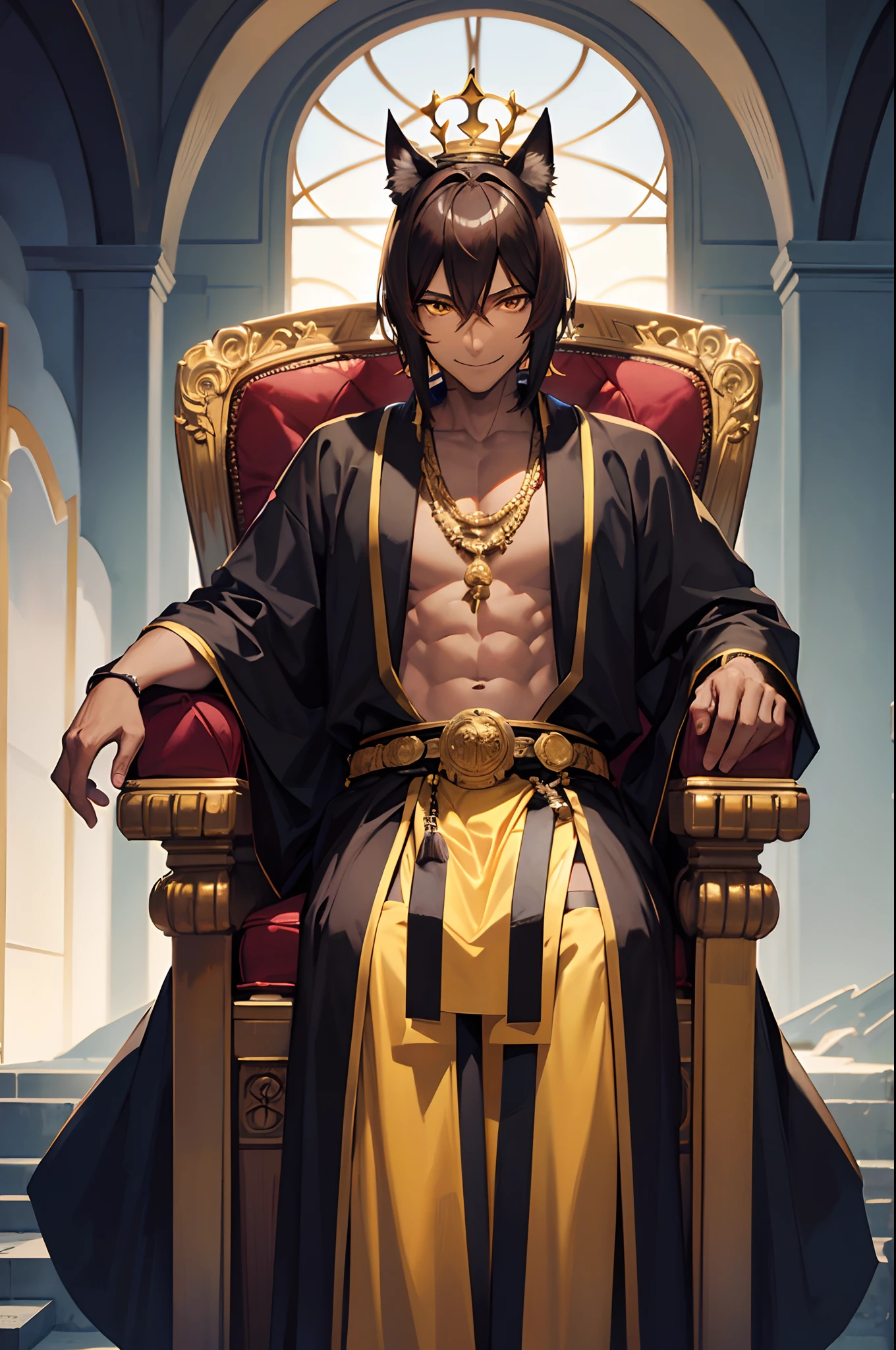A man sitting on a throne with a cat on his head - SeaArt AI
