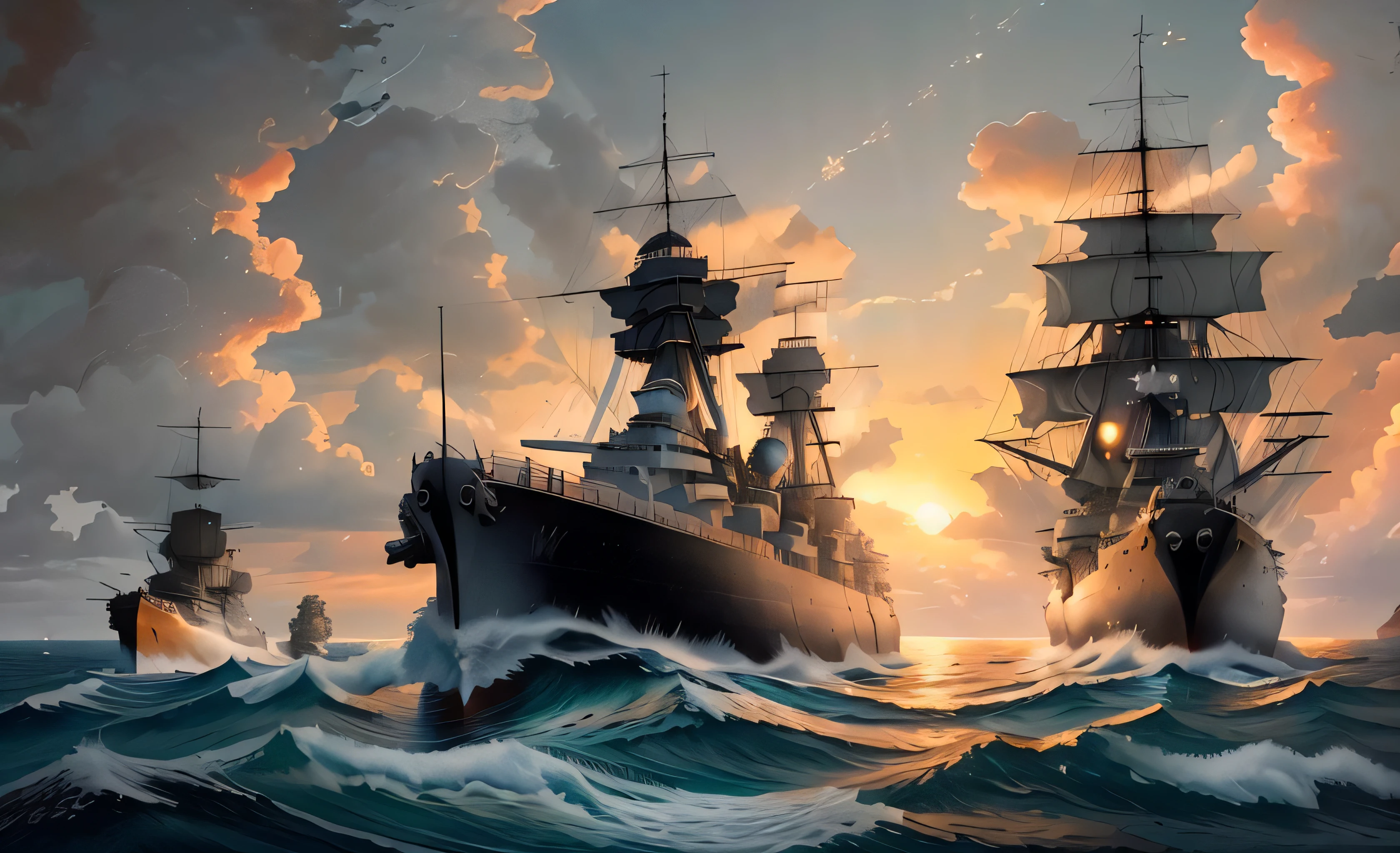 Two ships in the ocean with a sunset in the background - SeaArt AI