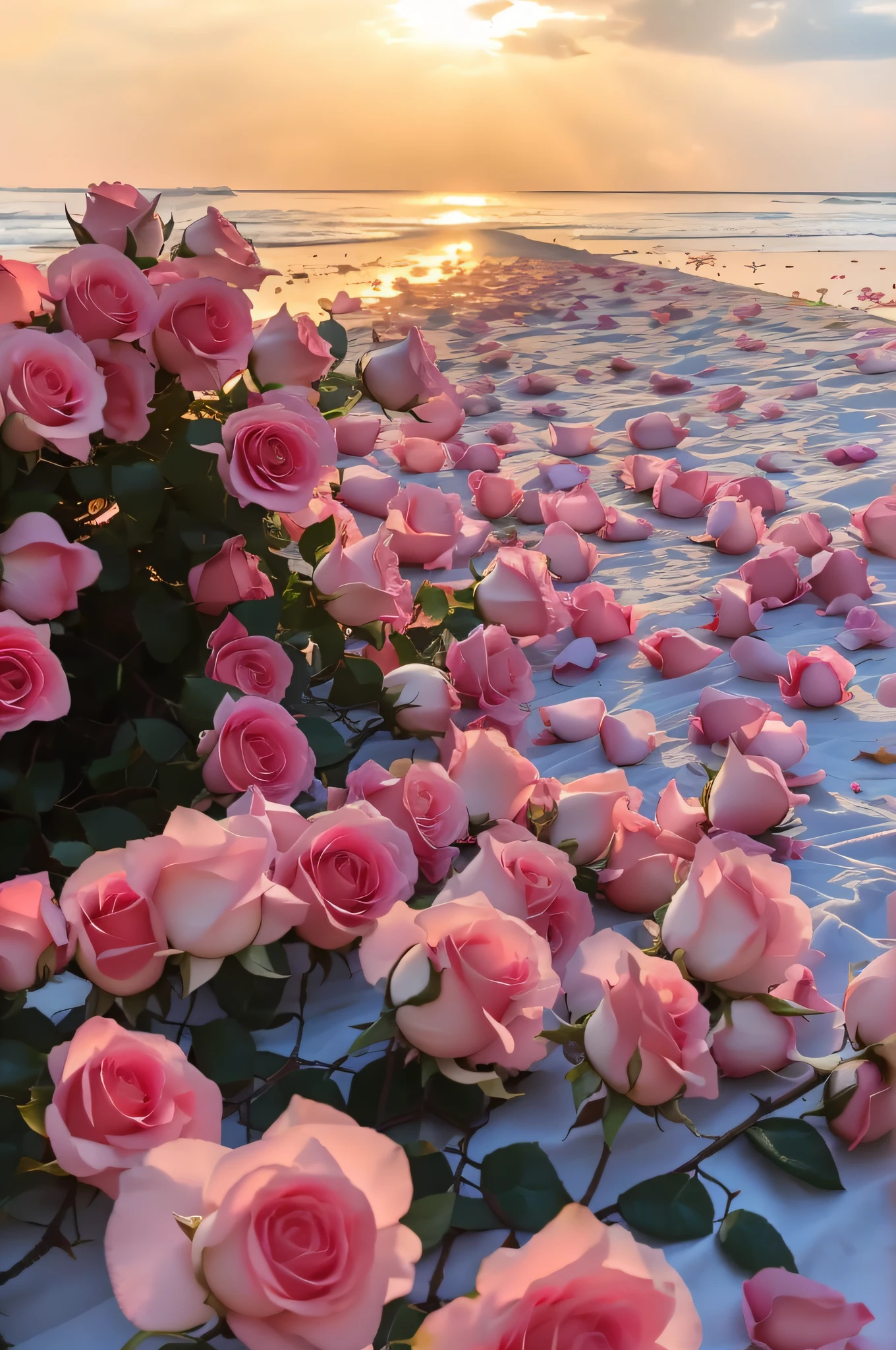 Pink roses are scattered on the beach at sunset - SeaArt AI