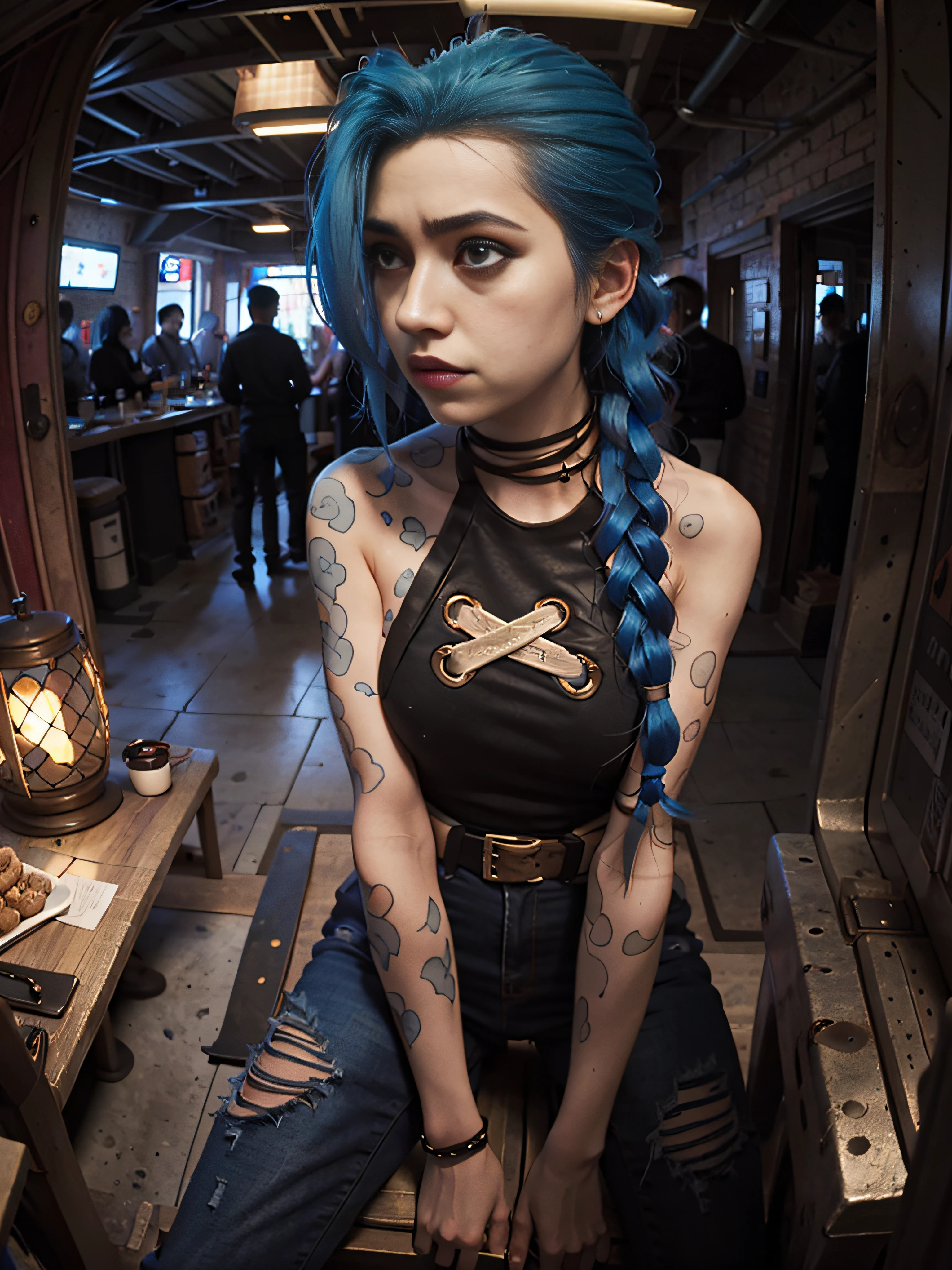 Arafed woman with blue hair and a black top sitting on a bench - SeaArt AI