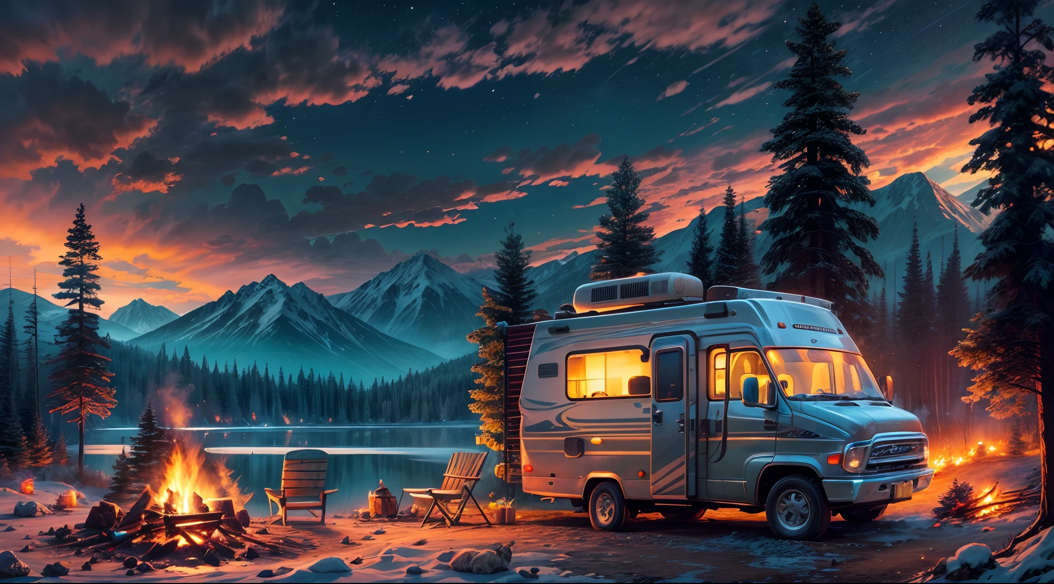 Arafed camper van parked in front of a campfire at night - SeaArt AI