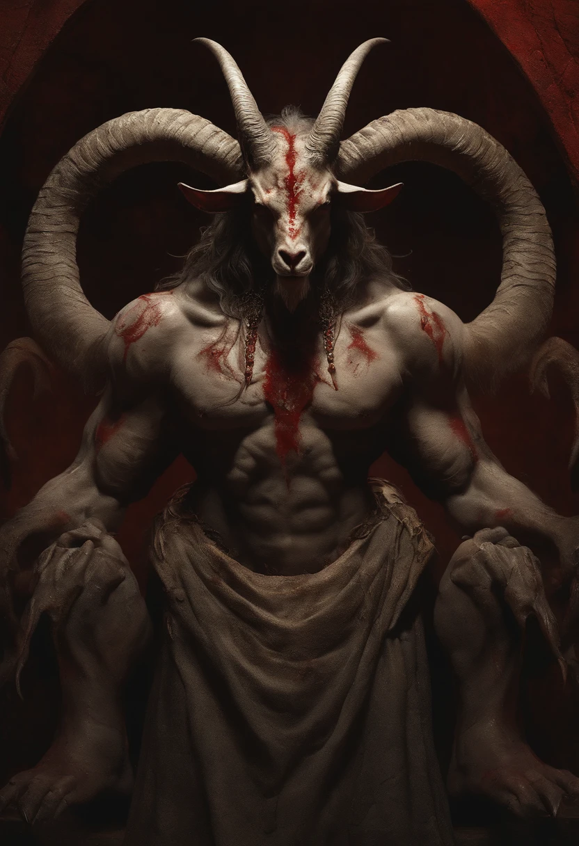 A close up of a goat with horns and blood on its face - SeaArt AI