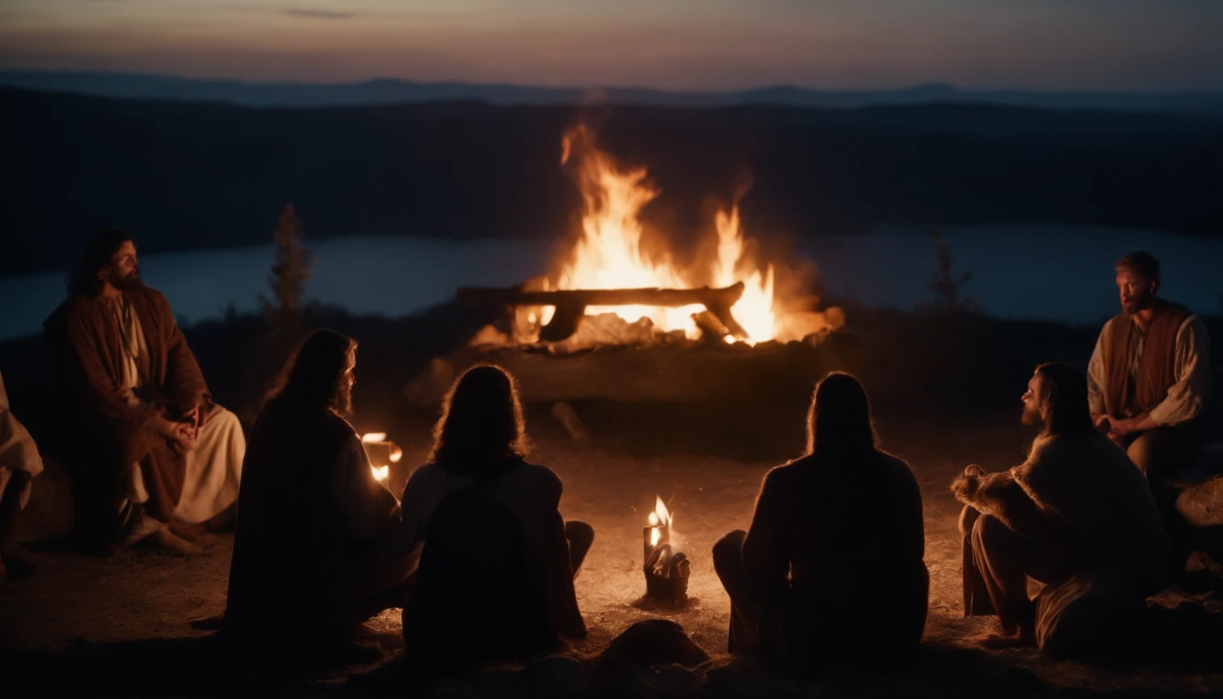 People sitting around a campfire at night with a lake in the background ...