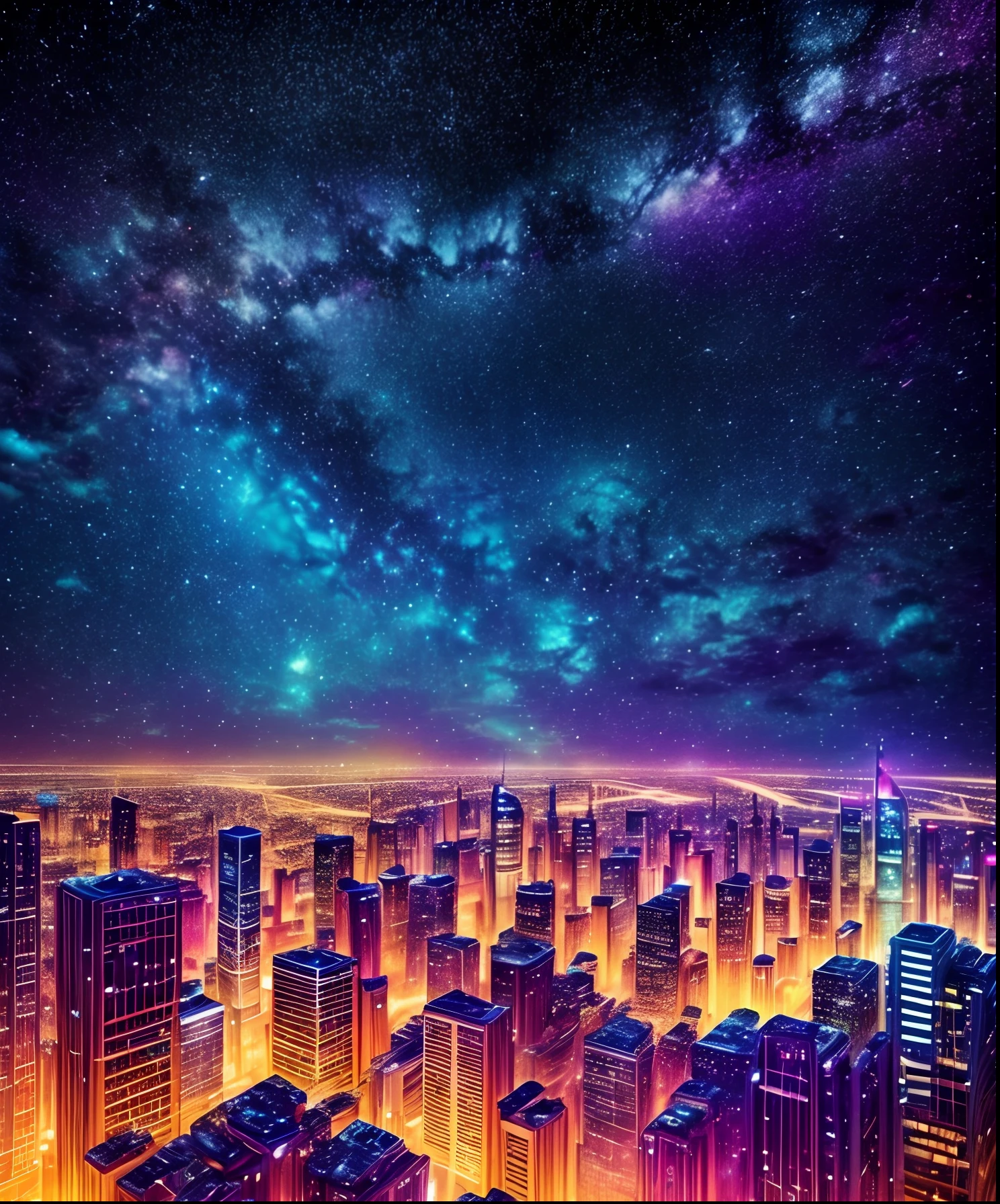 A city at night with stars and a bright sky - SeaArt AI