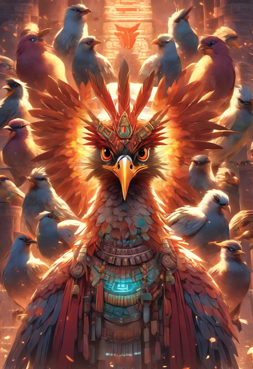 A bird with a large head and many birds around it - SeaArt AI