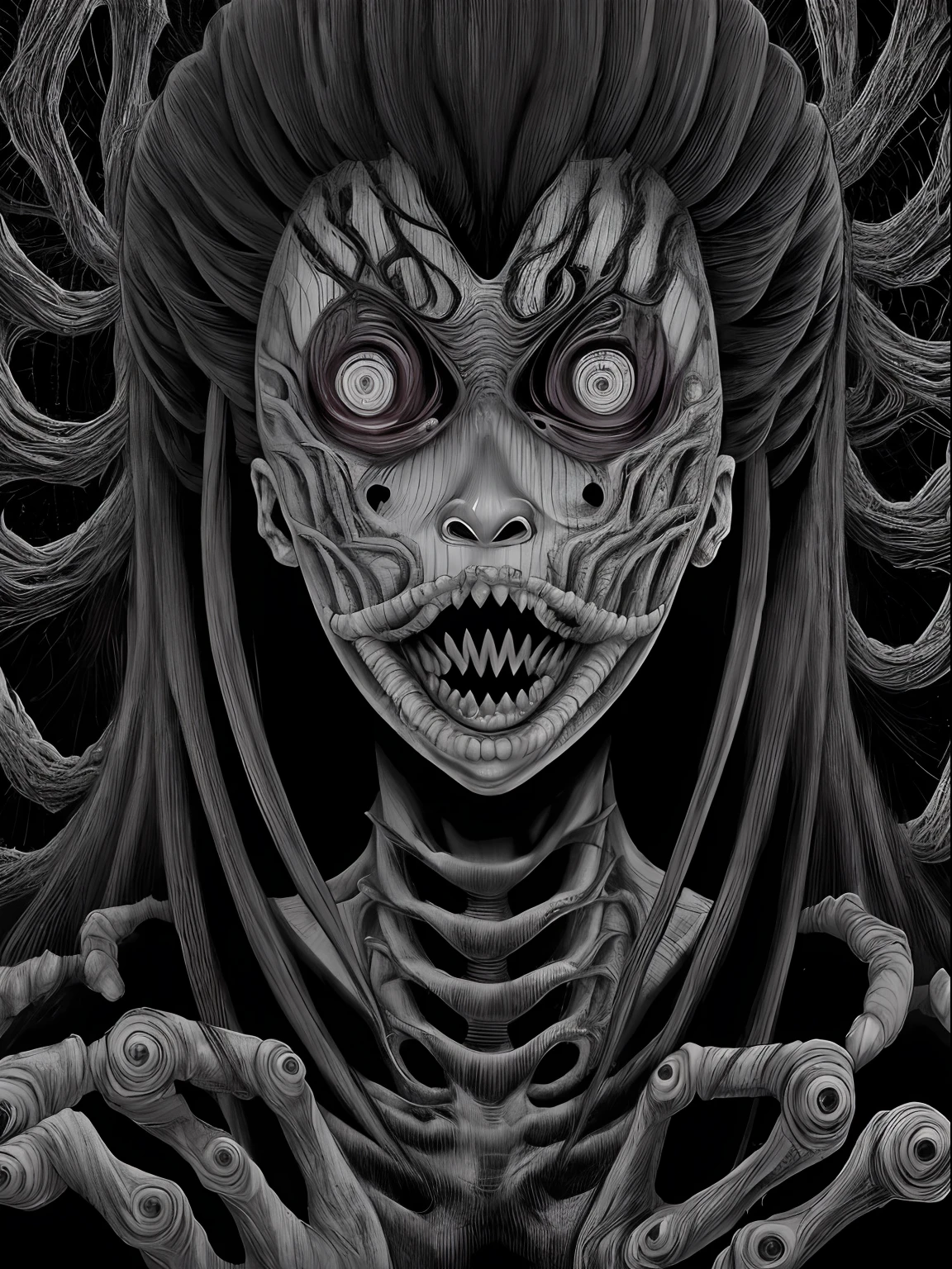 A black and white drawing of a woman with a skeleton face - SeaArt AI