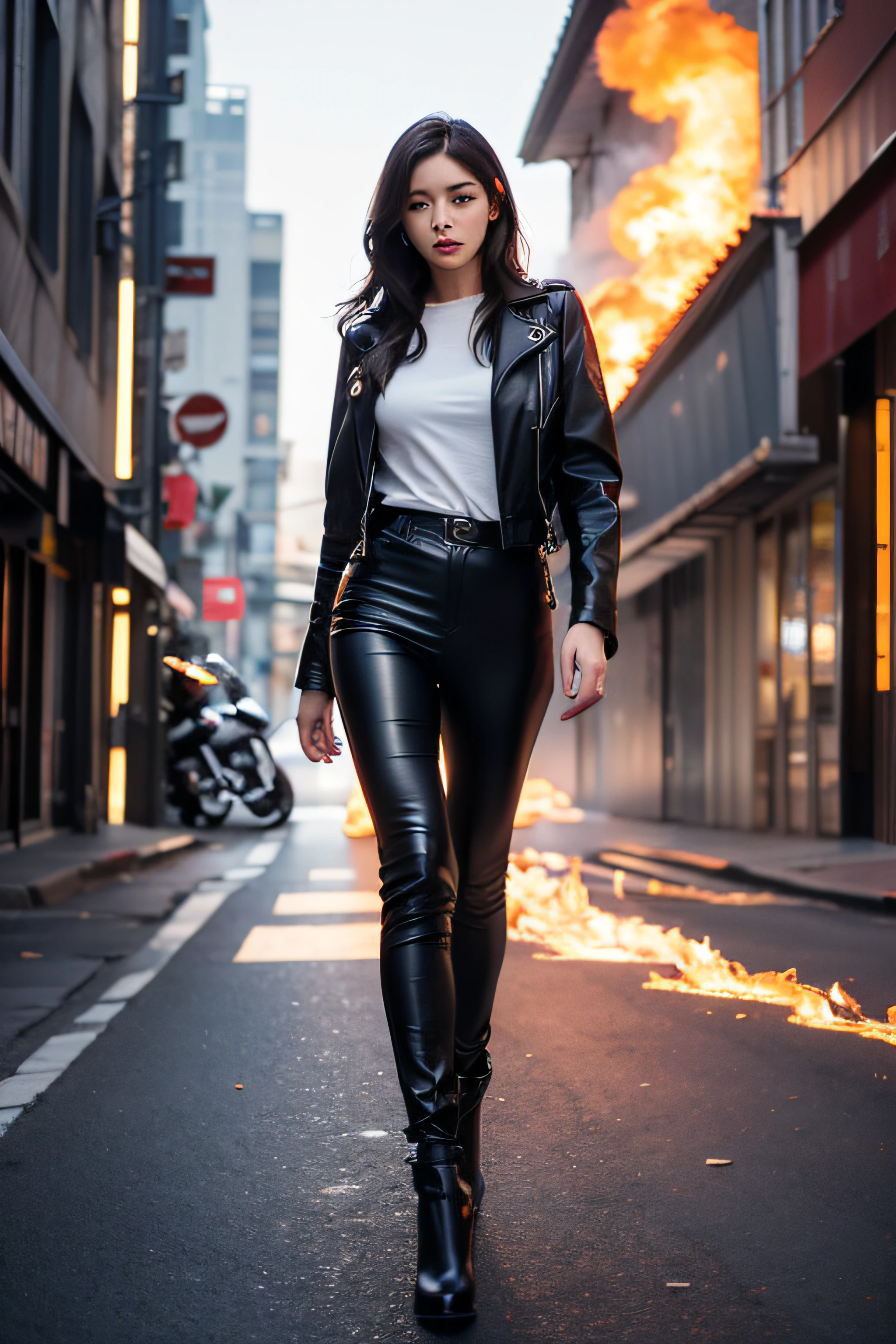 Araffe woman in leather pants and a white shirt walking down a street ...