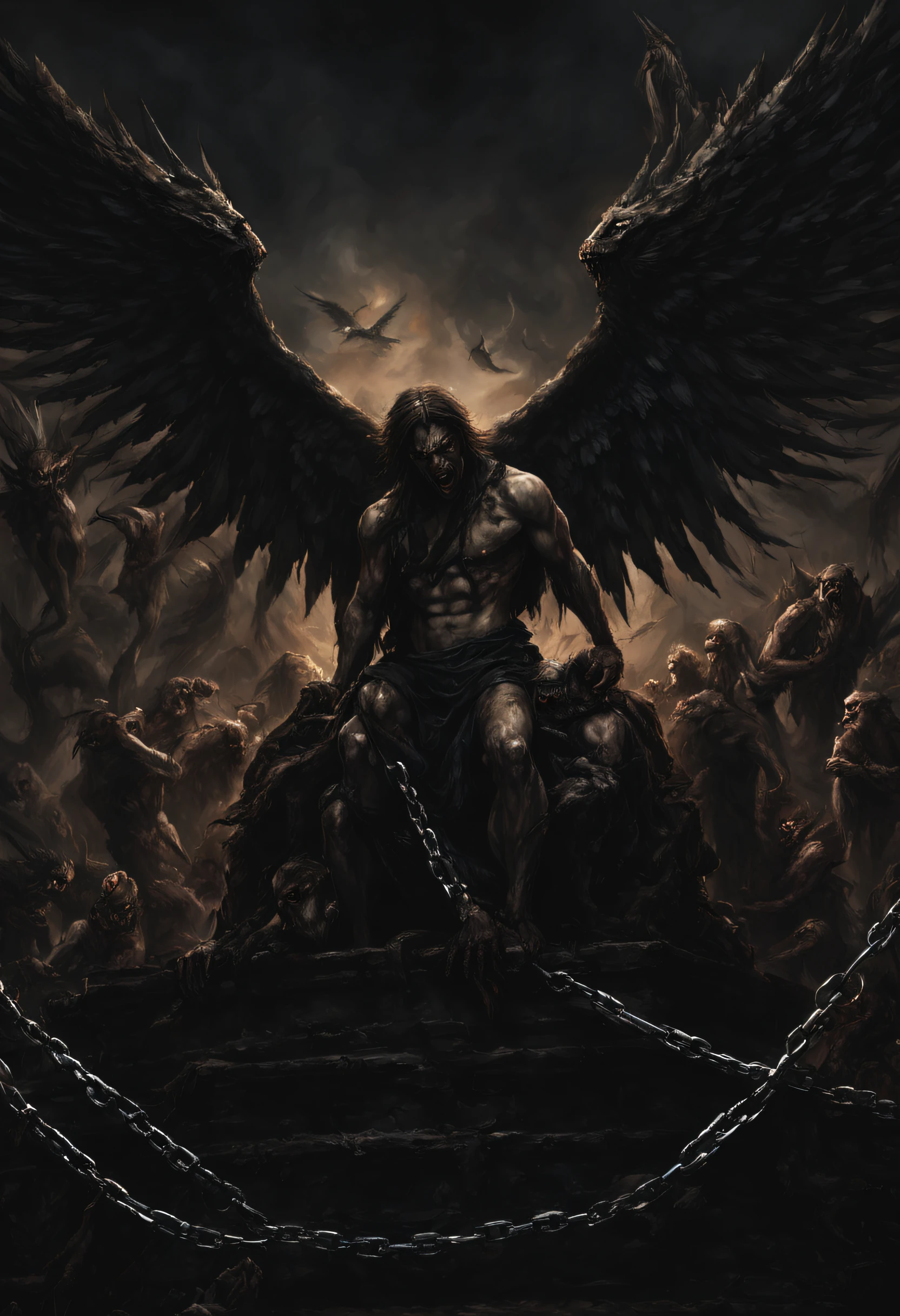 A dark angel sitting on a throne surrounded by chains - SeaArt AI