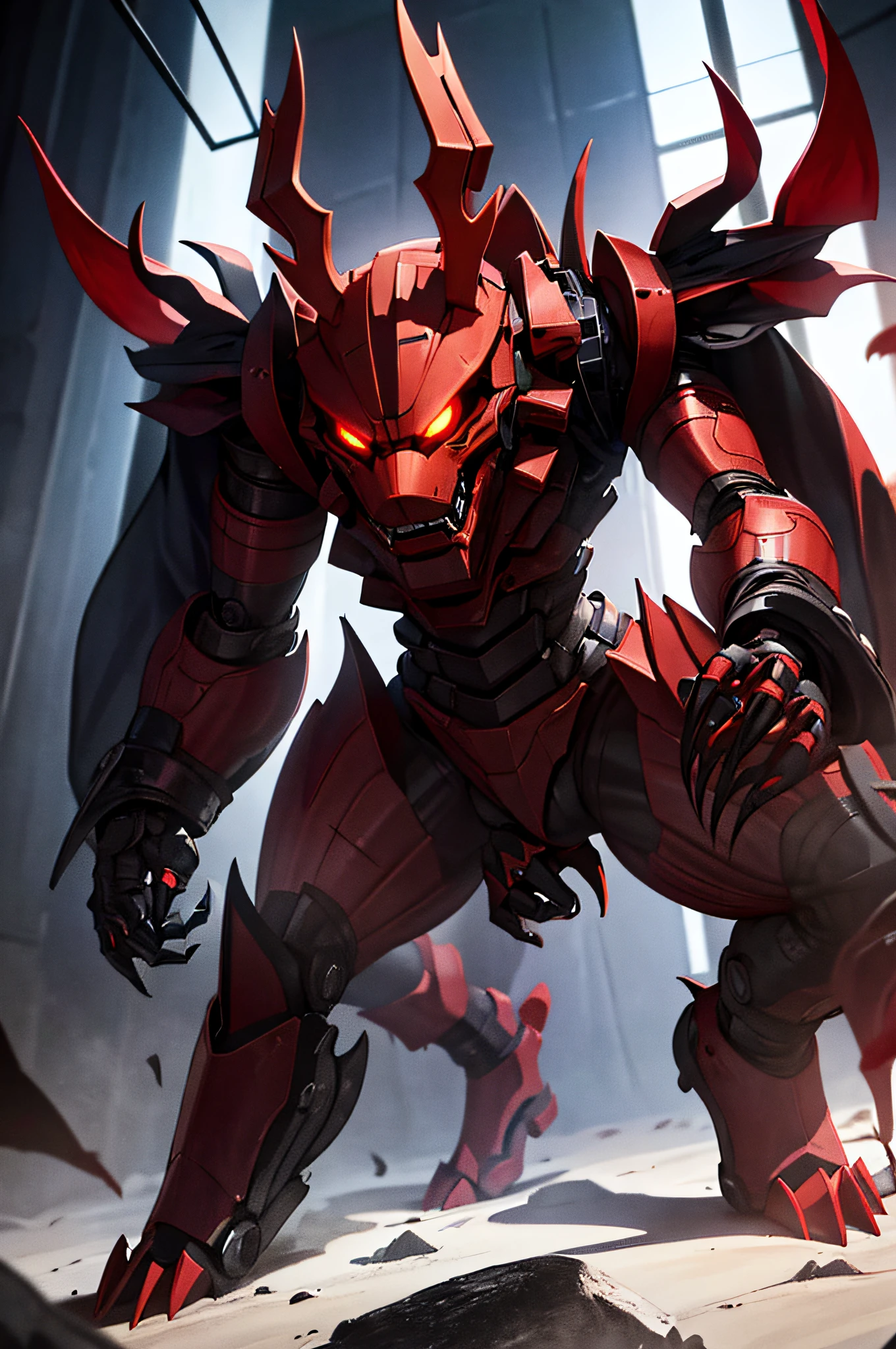 A close up of a red robot with red eyes and a red demon face - SeaArt AI