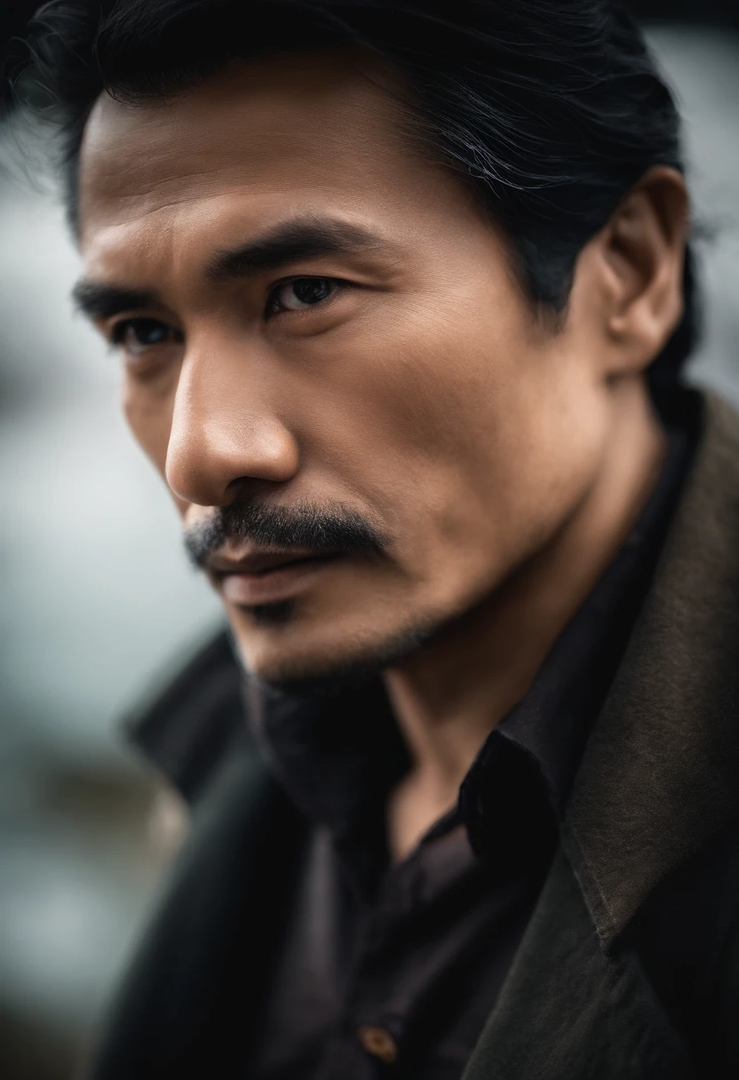 A close up of a man with a mustache and a black shirt - SeaArt AI
