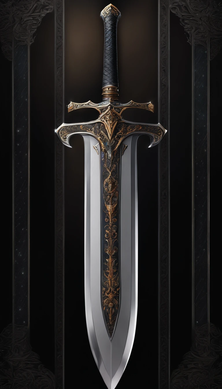 A close up of a sword with a gold and black design - SeaArt AI