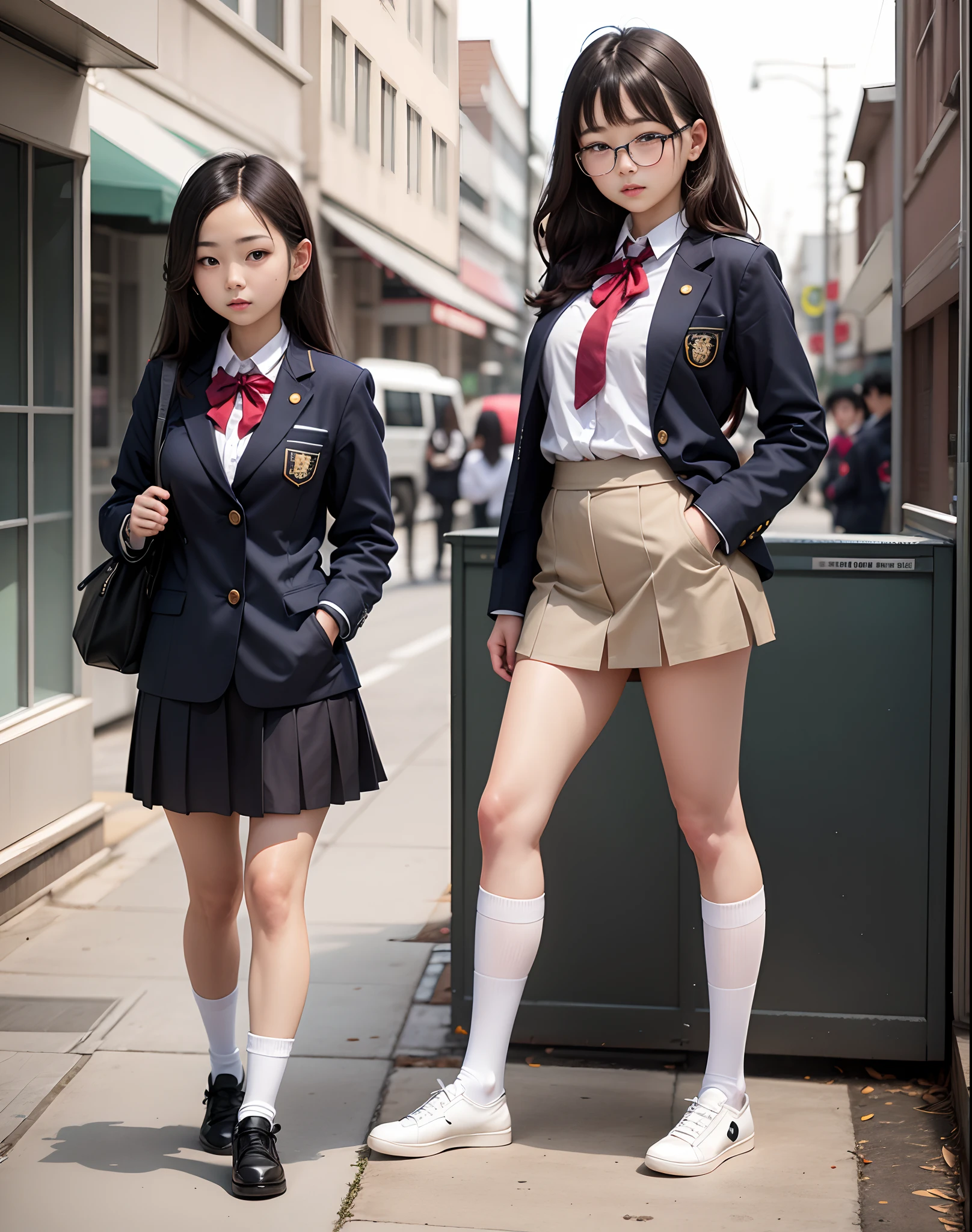 Two asian women in school uniforms are standing on the sidewalk - SeaArt AI