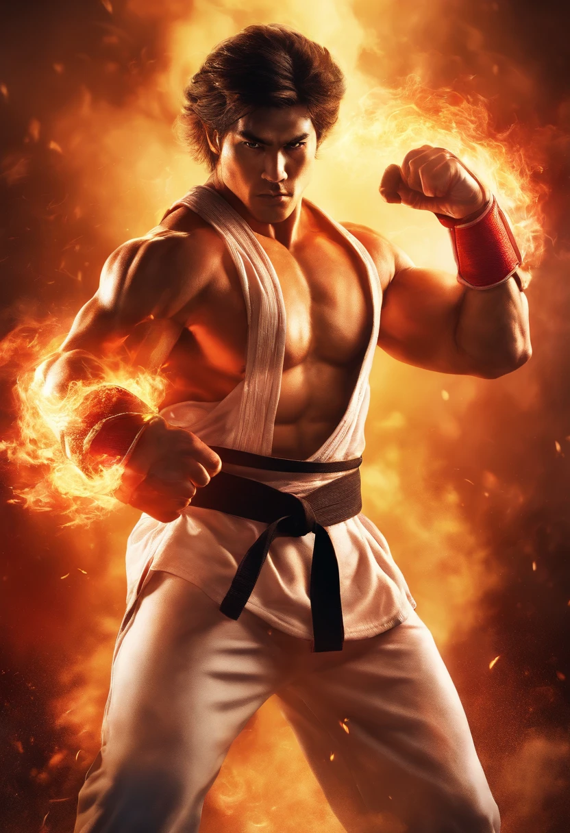 A man in a karate outfit is holding a fire ball - SeaArt AI