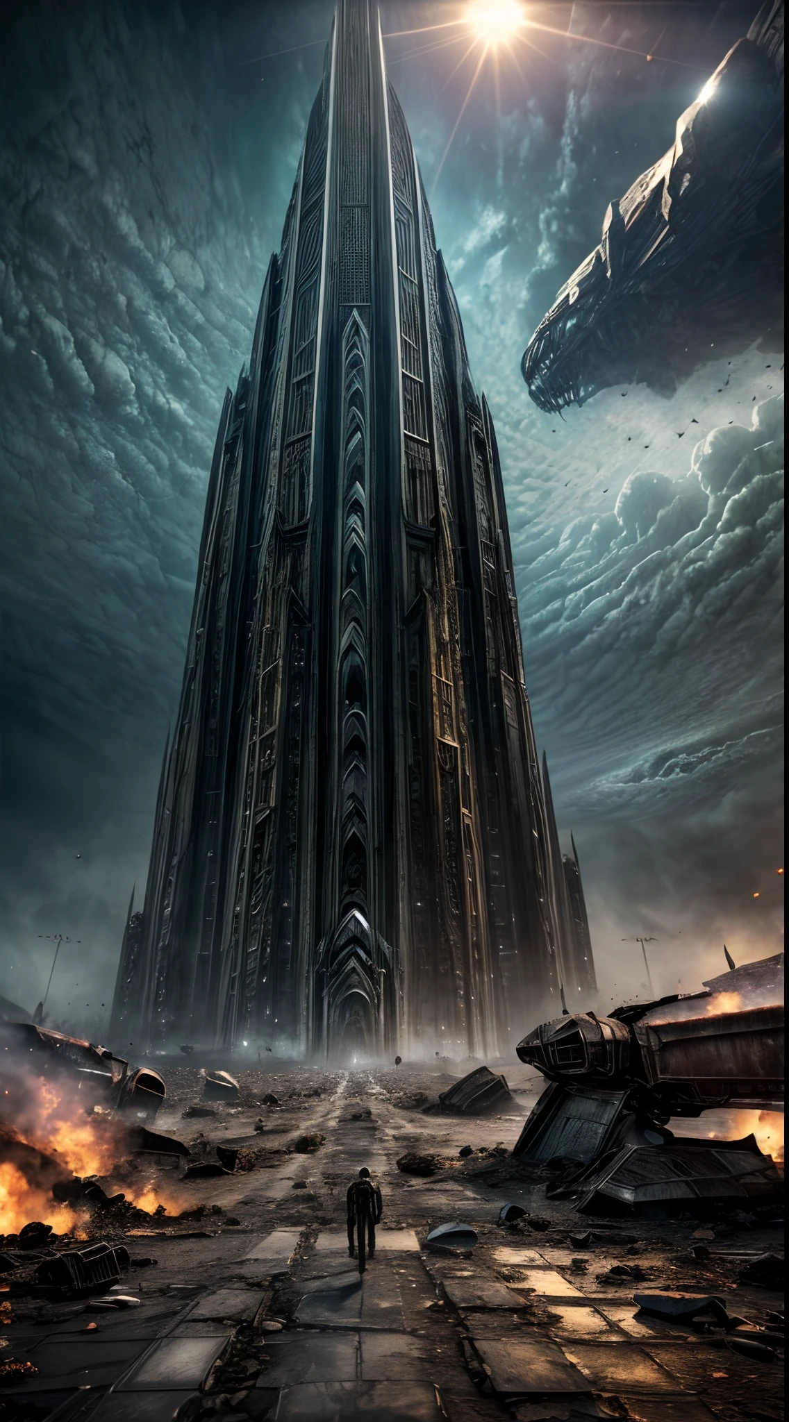 A man standing in front of a tall building with a spaceship flying ...