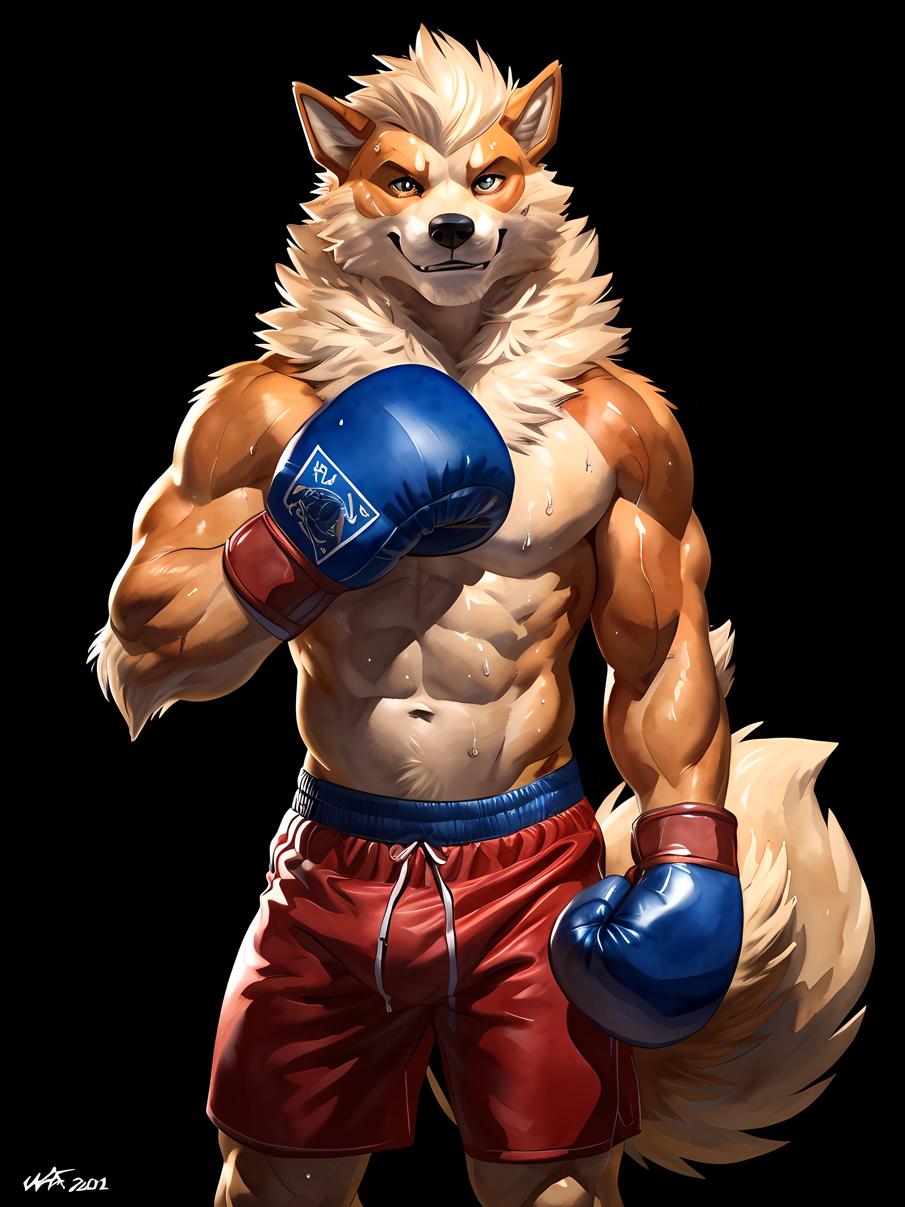 A close up of a person wearing boxing gloves and a red and blue boxing ...