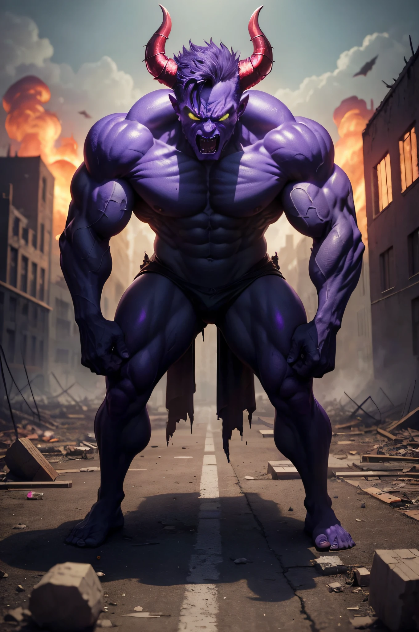 A close up of a purple demon standing in a city - SeaArt AI