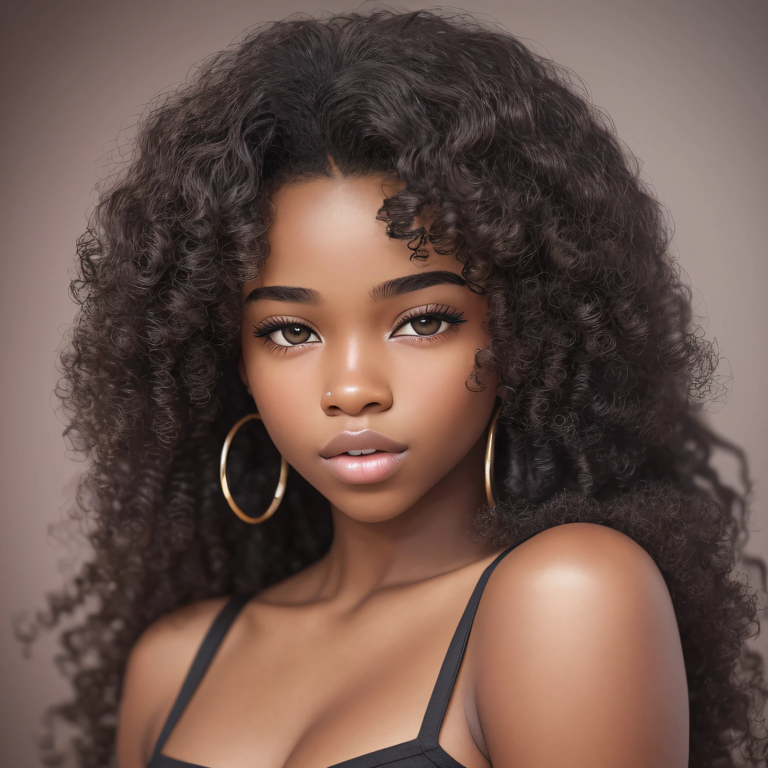 A woman with long curly hair wearing a black dress - SeaArt AI