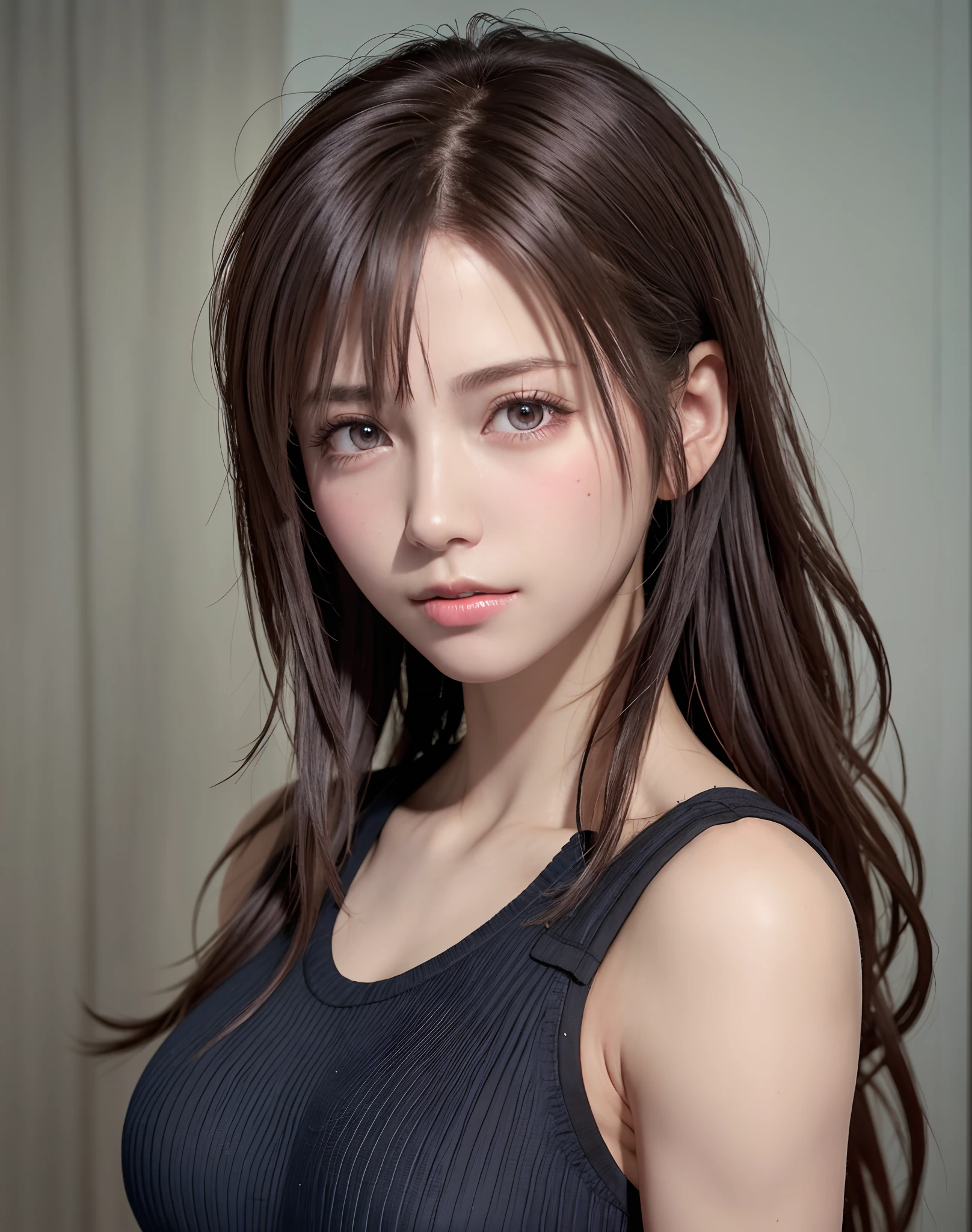 A woman with long brown hair and a black top - SeaArt AI