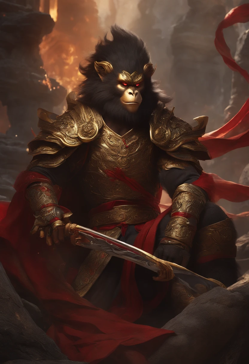 A man in a monkey suit holding a sword in a cave - SeaArt AI