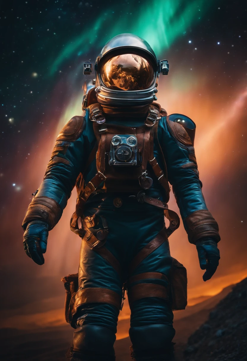 A man in an astronaut suit standing in front of a bright aurora - SeaArt AI