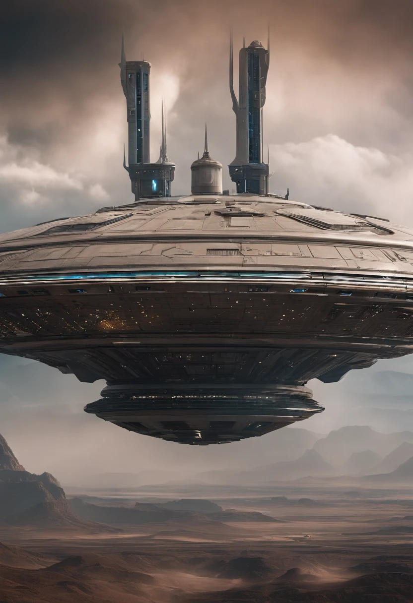 A large spaceship flying over a desert area with mountains in the ...