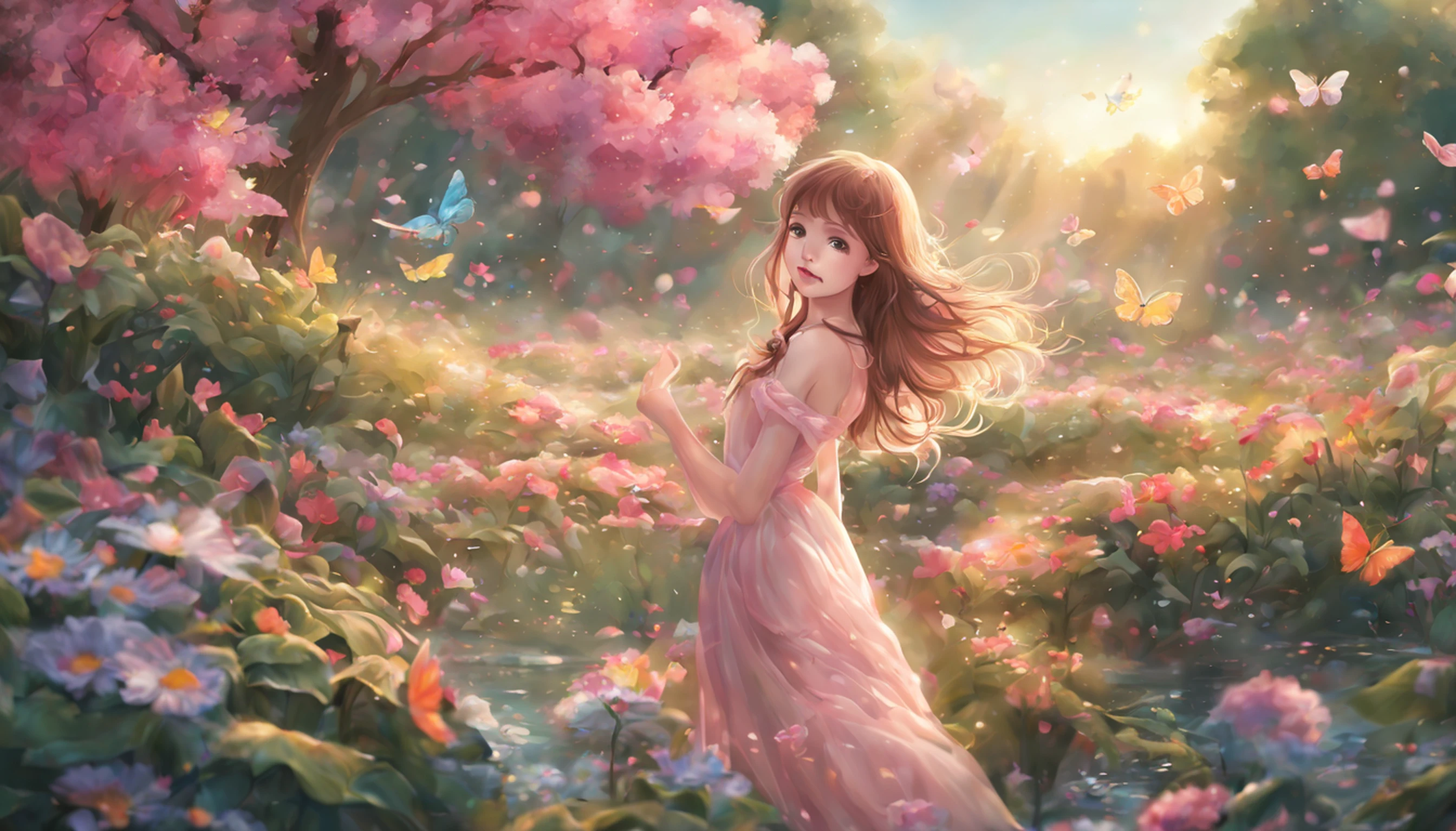 Anime girl in a pink dress walking through a garden of flowers - SeaArt AI
