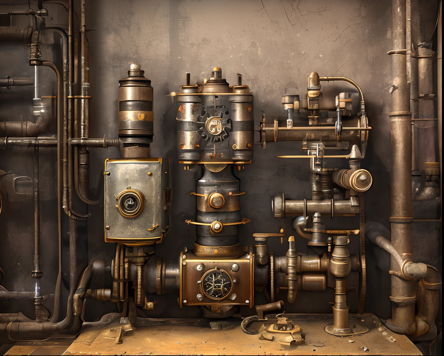 There are many pipes and valves in a room with a wall - SeaArt AI