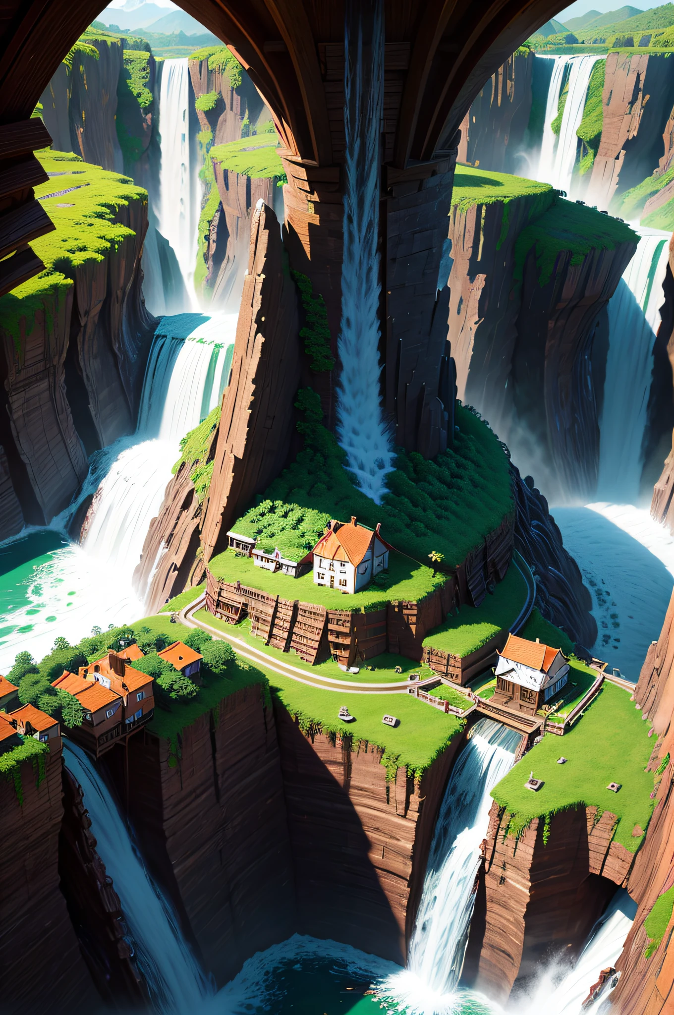 A view of a waterfall and a house in a valley - SeaArt AI