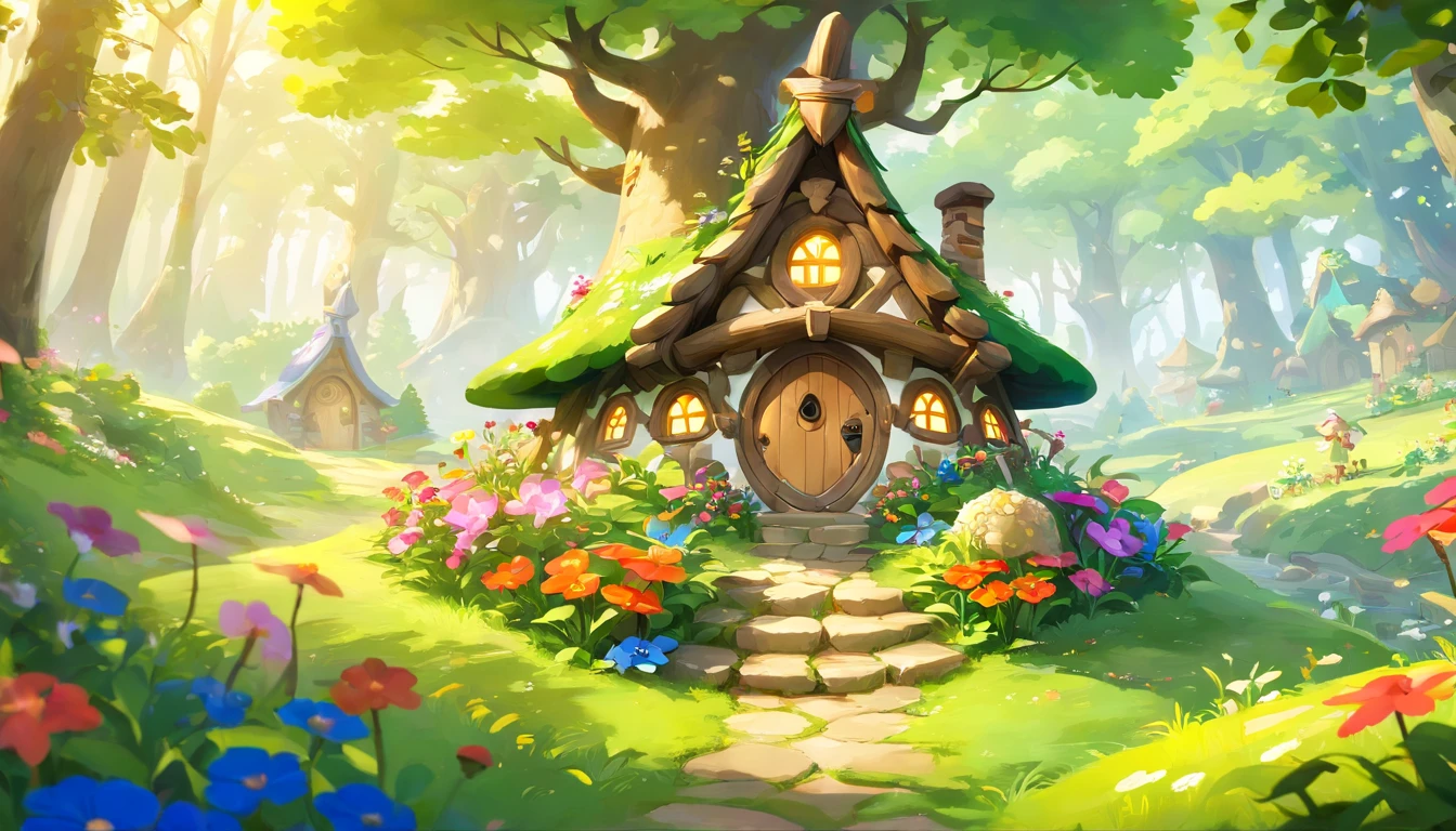 A small house in the middle of a forest with flowers - SeaArt AI