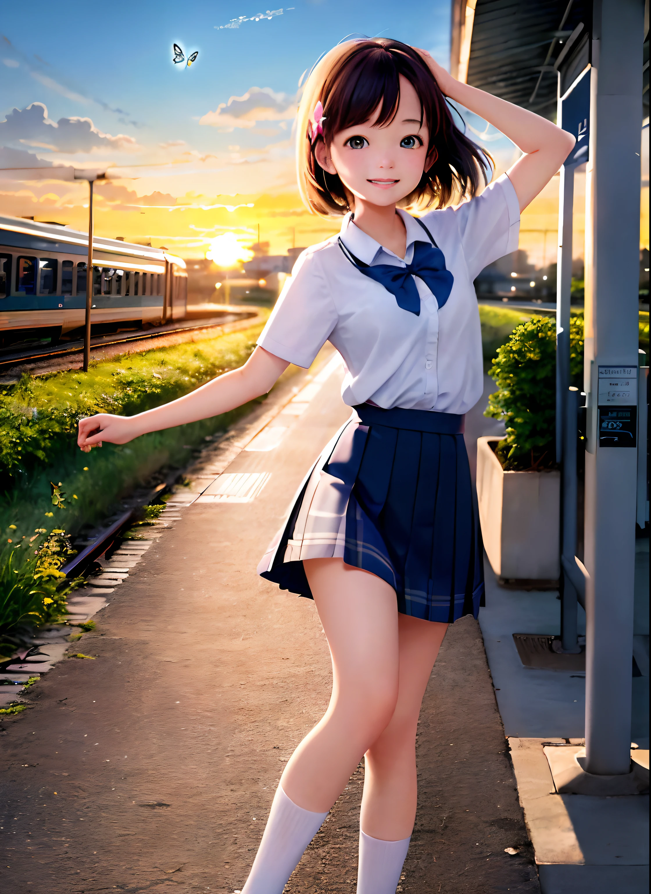 Anime girl in school uniform posing at a train station - SeaArt AI