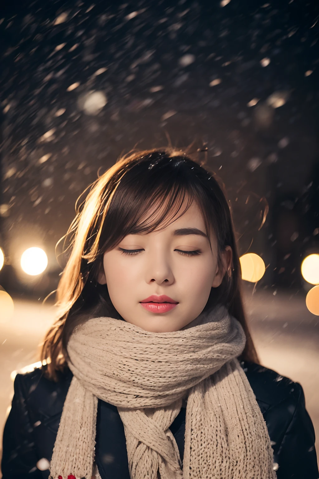 A woman with a scarf and scarf around her neck standing in the snow ...