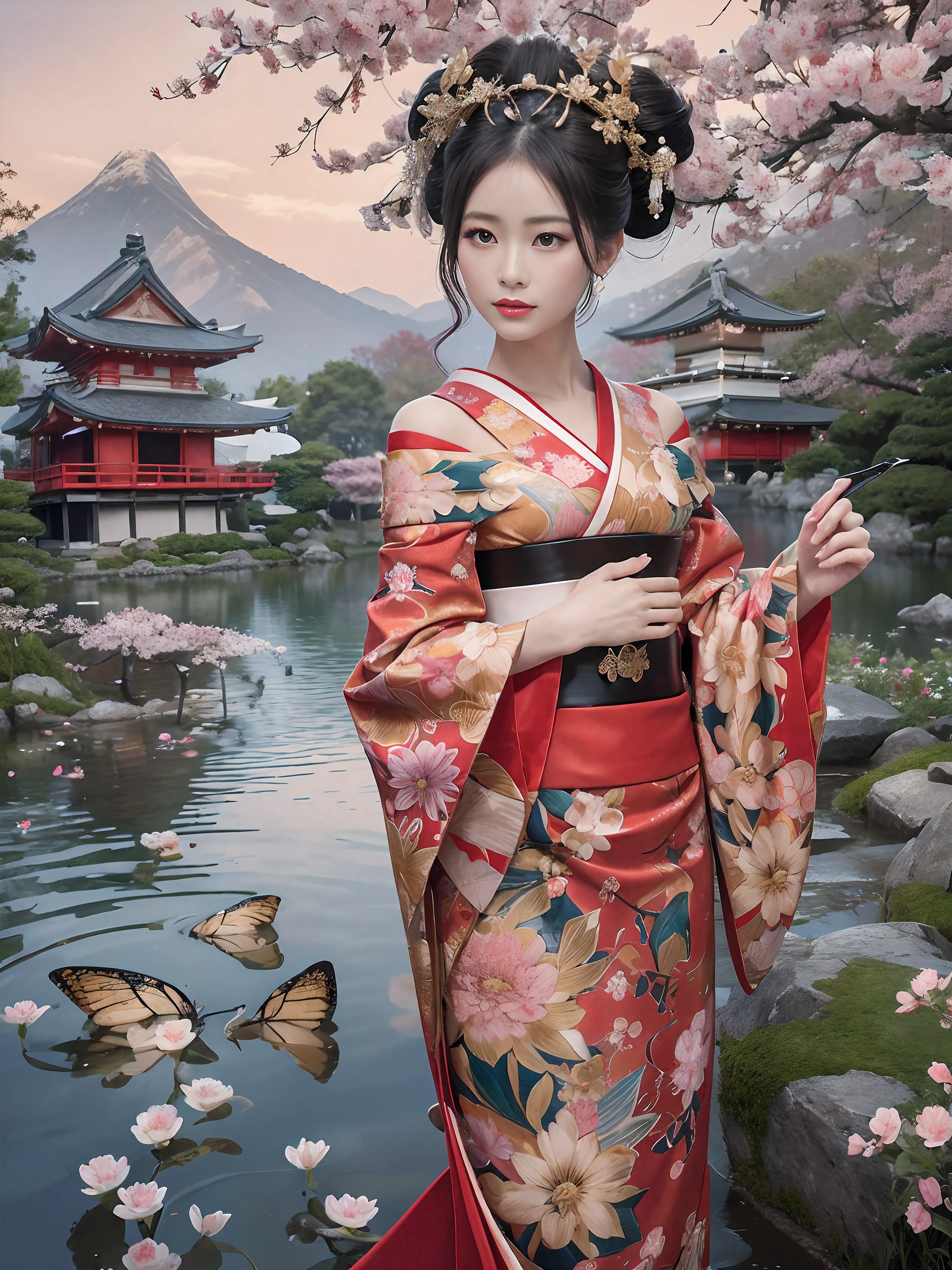 Arafed woman in a kimono standing in front of a pond - SeaArt AI