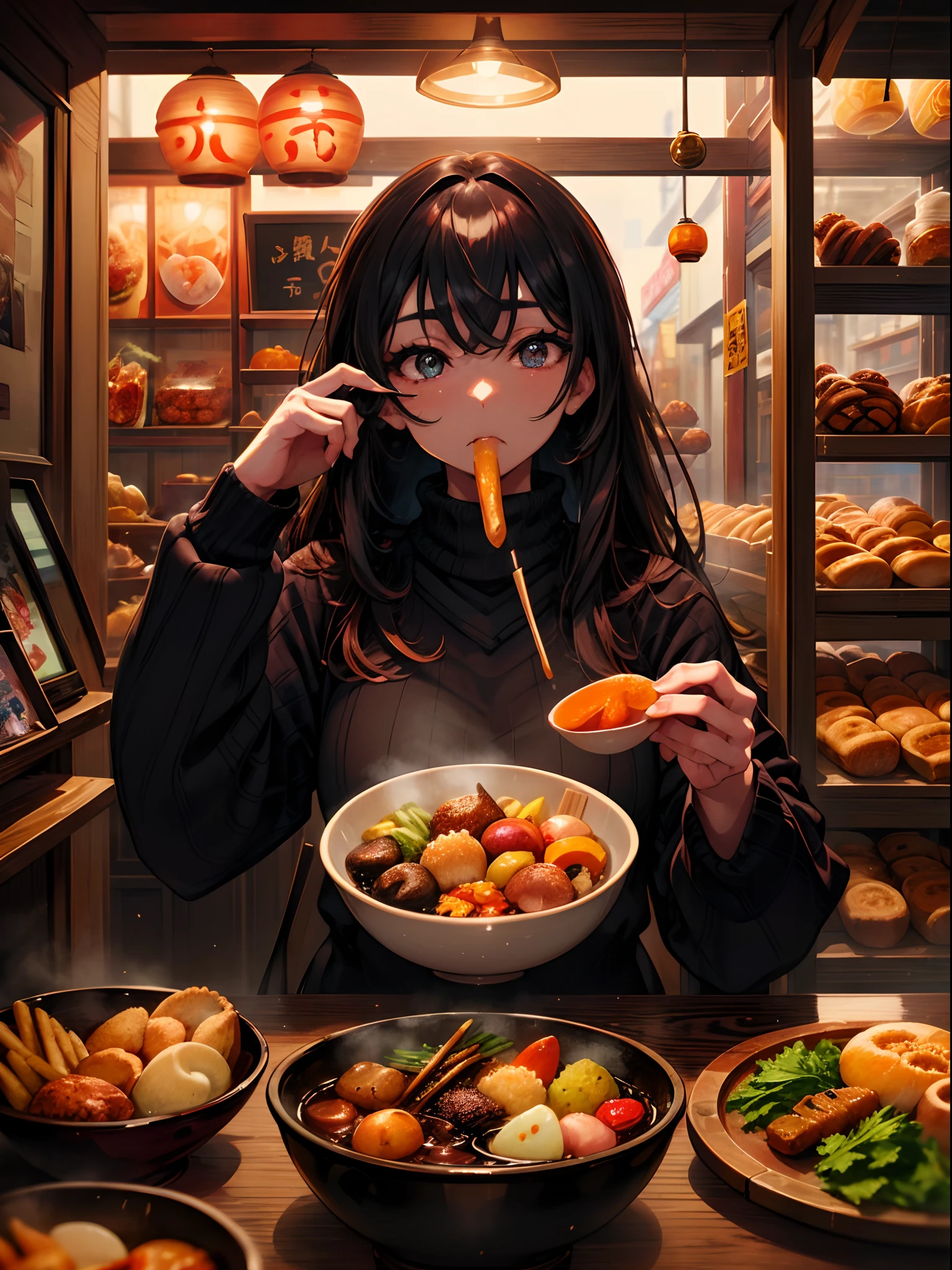 Anime girl eating a bowl of food in a restaurant - SeaArt AI