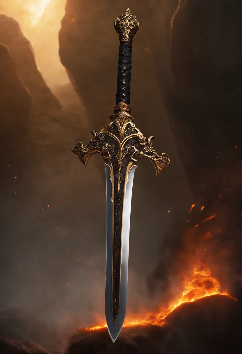 A close up of a sword with a fire in the background - SeaArt AI