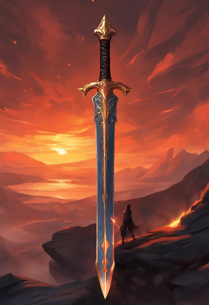 A sword with a man standing on top of it in the middle of a desert ...