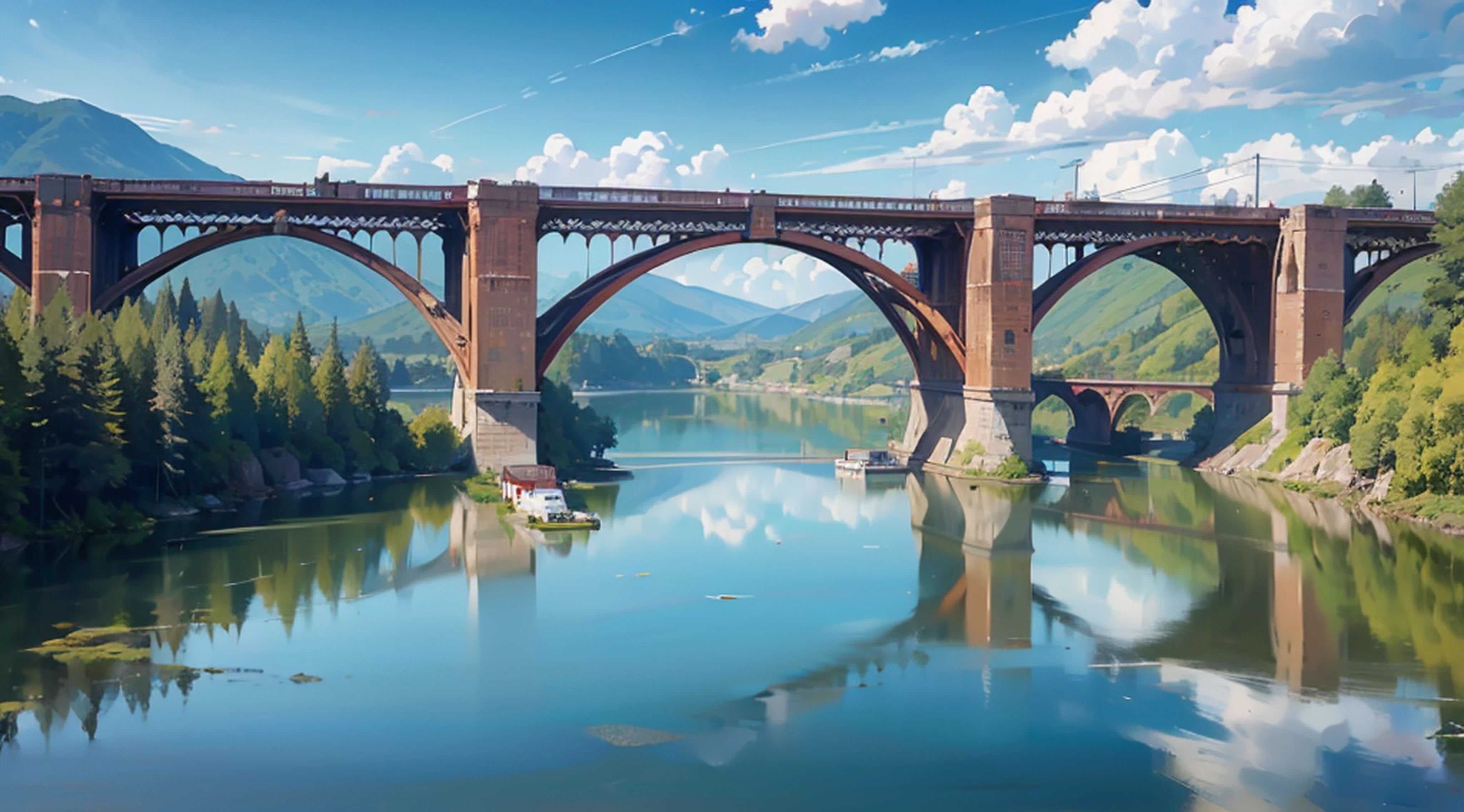 There is a bridge that is over a river with a boat - SeaArt AI