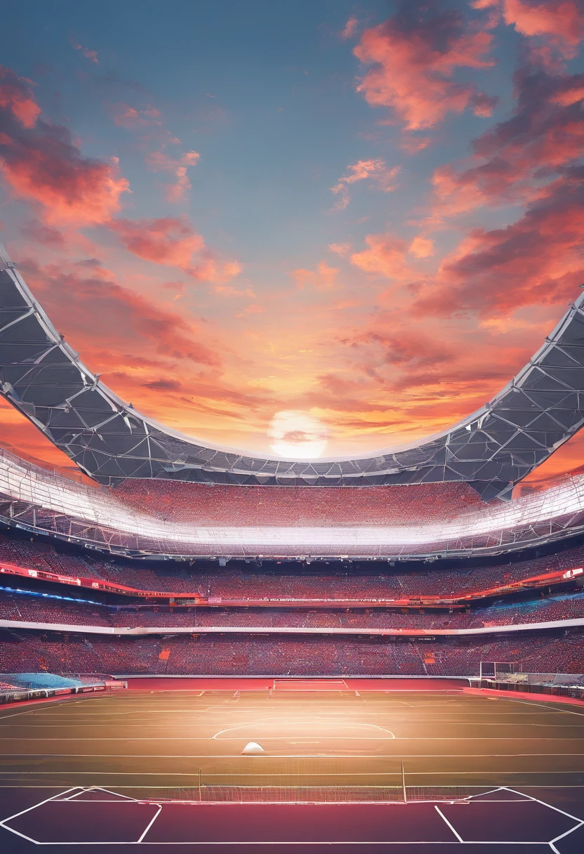 A large stadium with a soccer field and a sky background - SeaArt AI
