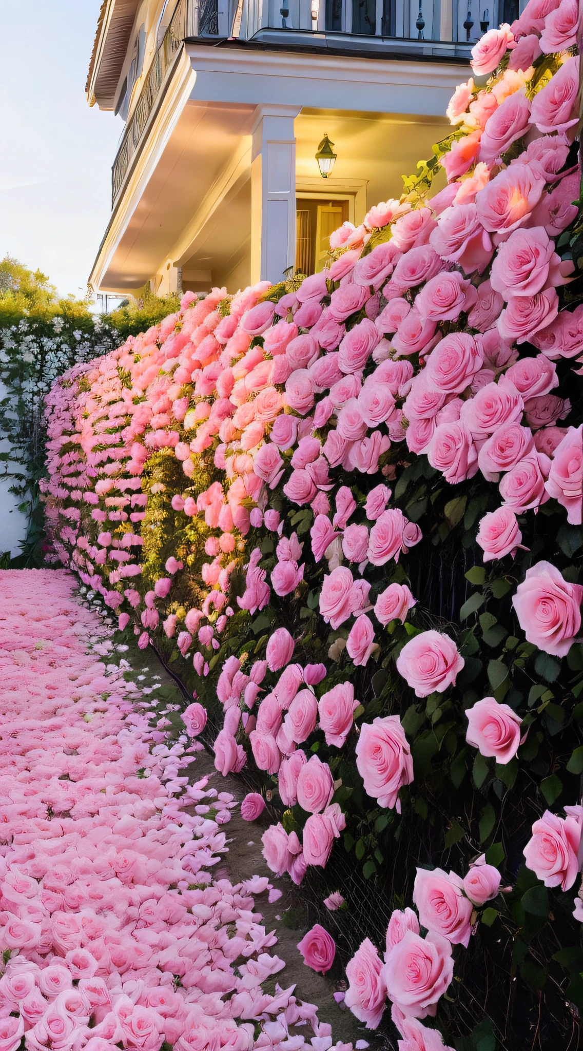 Pink roses are scattered on the ground in front of a house - SeaArt AI