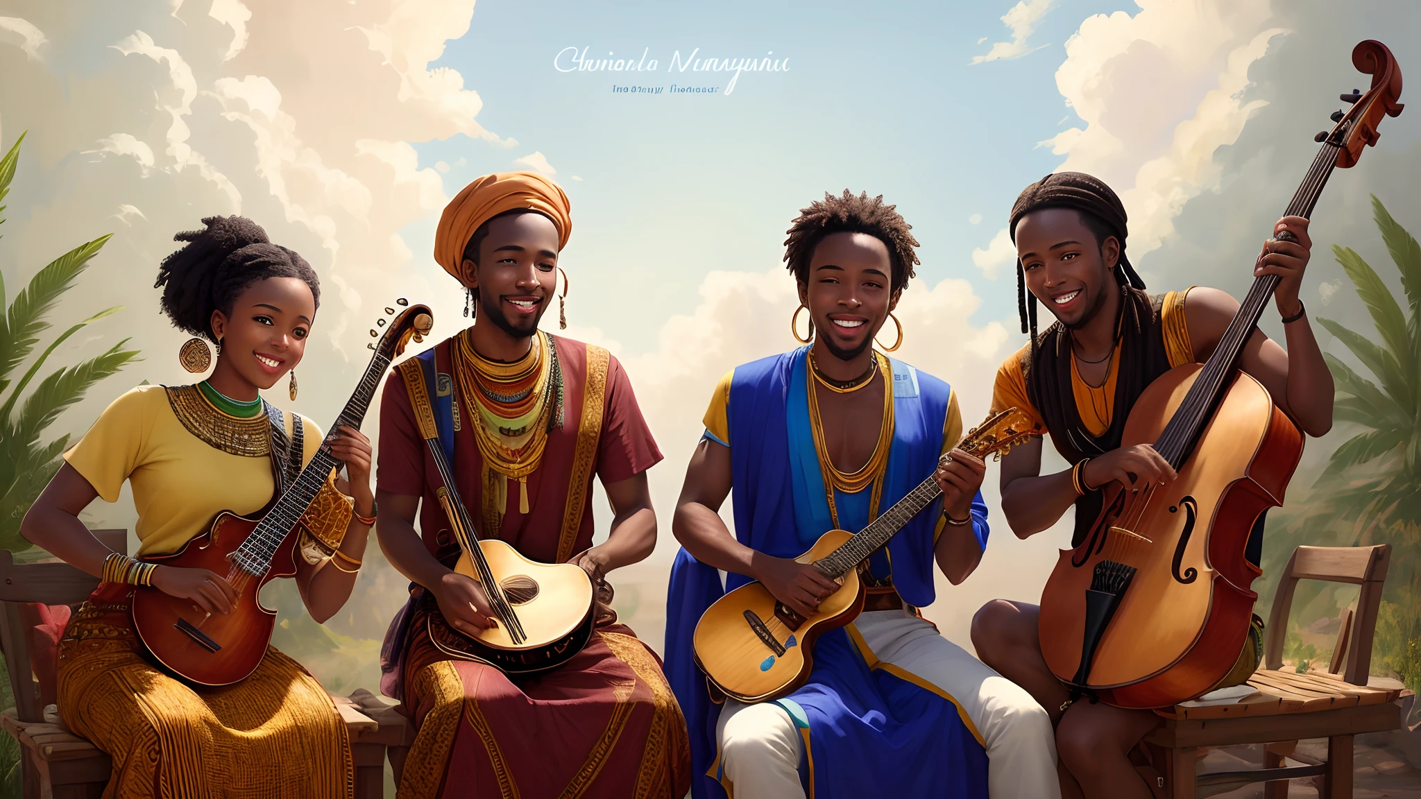 Three people sitting on a bench with guitars and a guitar - SeaArt AI