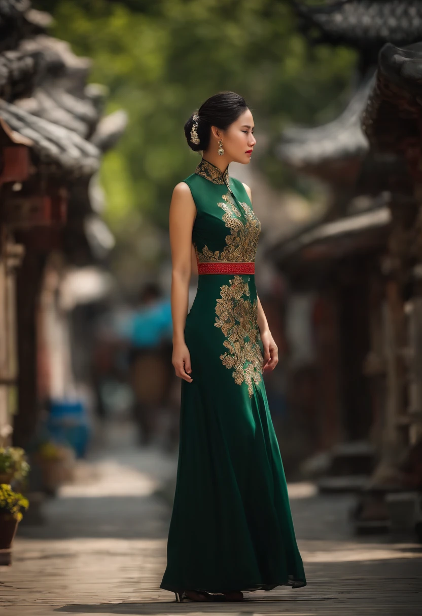 A woman in a green dress standing on a street - SeaArt AI