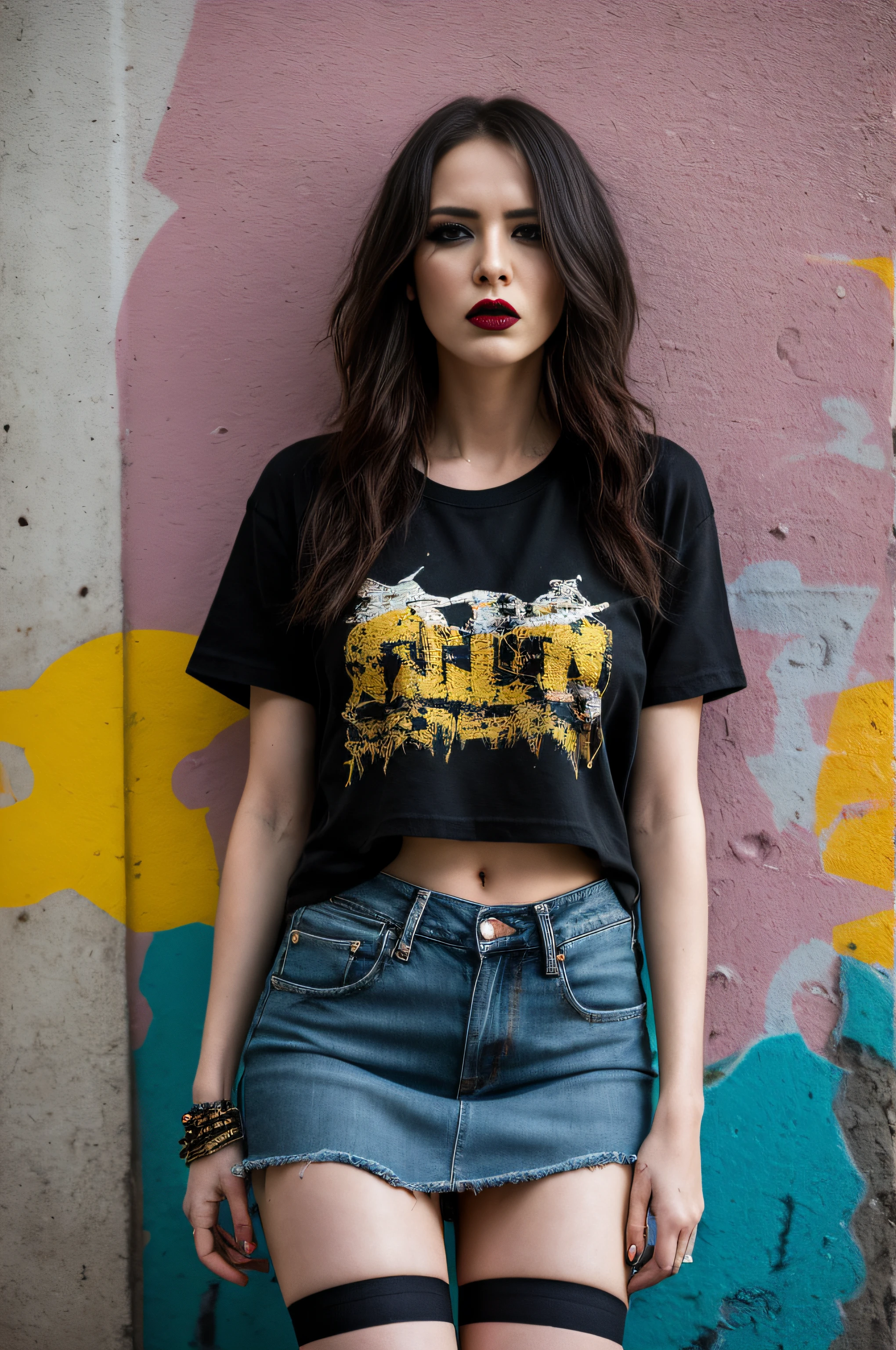 A woman in a black shirt and denim shorts posing for a picture - SeaArt AI