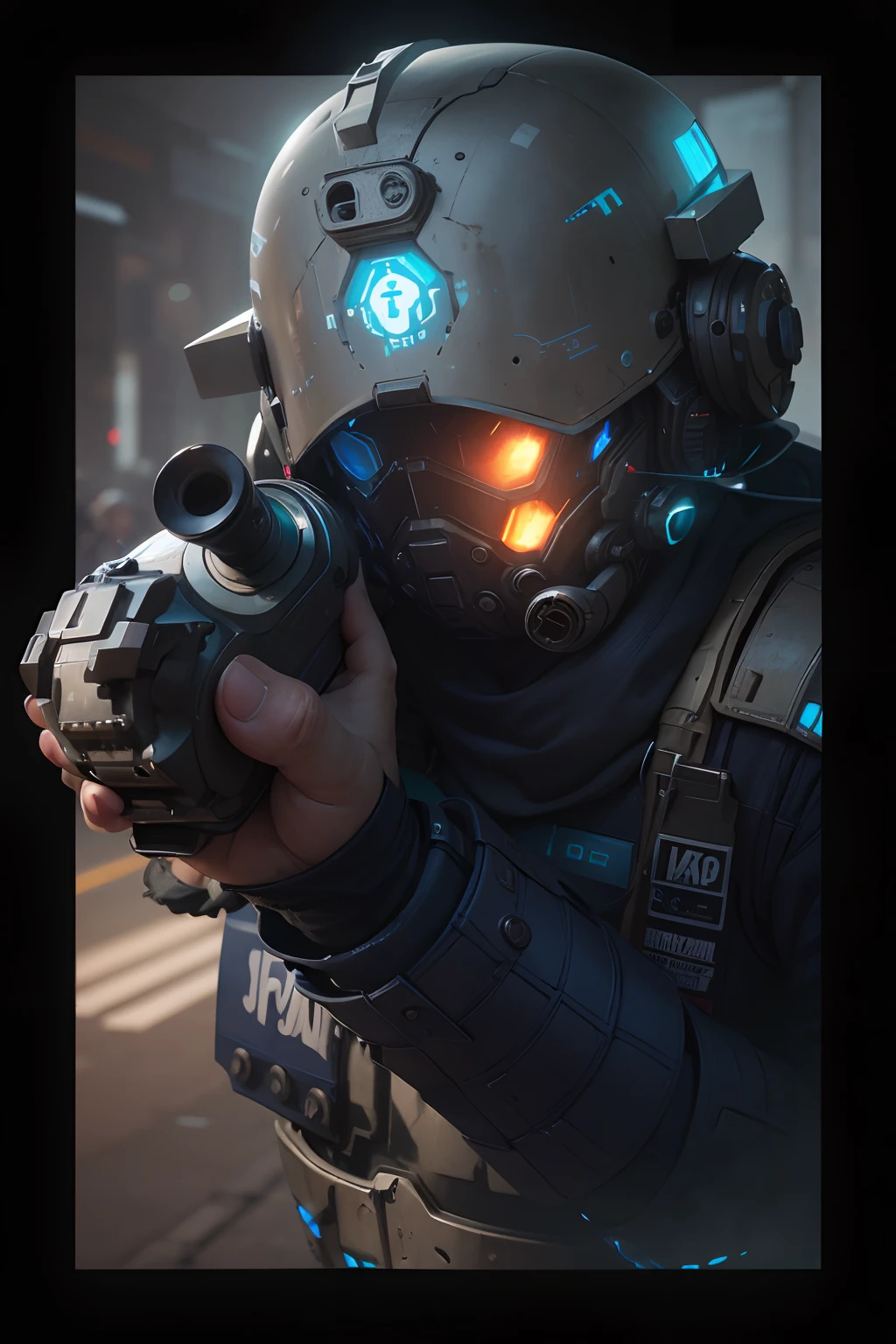 A man in a helmet holding a gun in a street - SeaArt AI