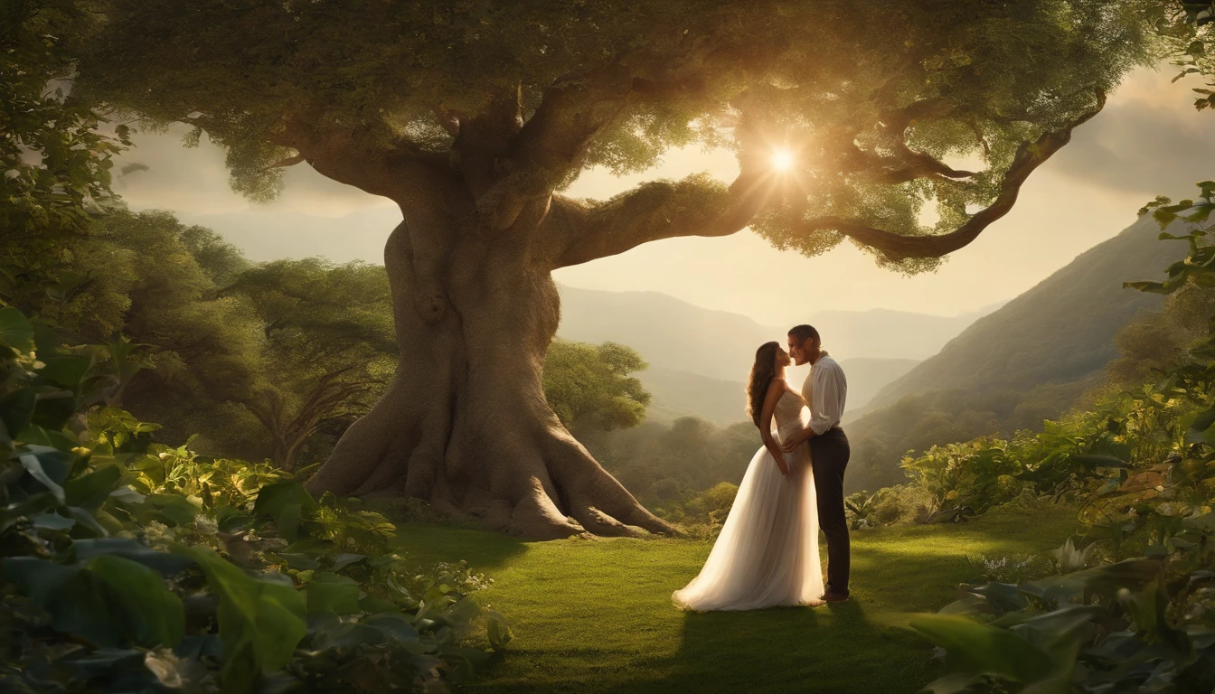 A couple standing under a tree in a field with a sun shining through ...