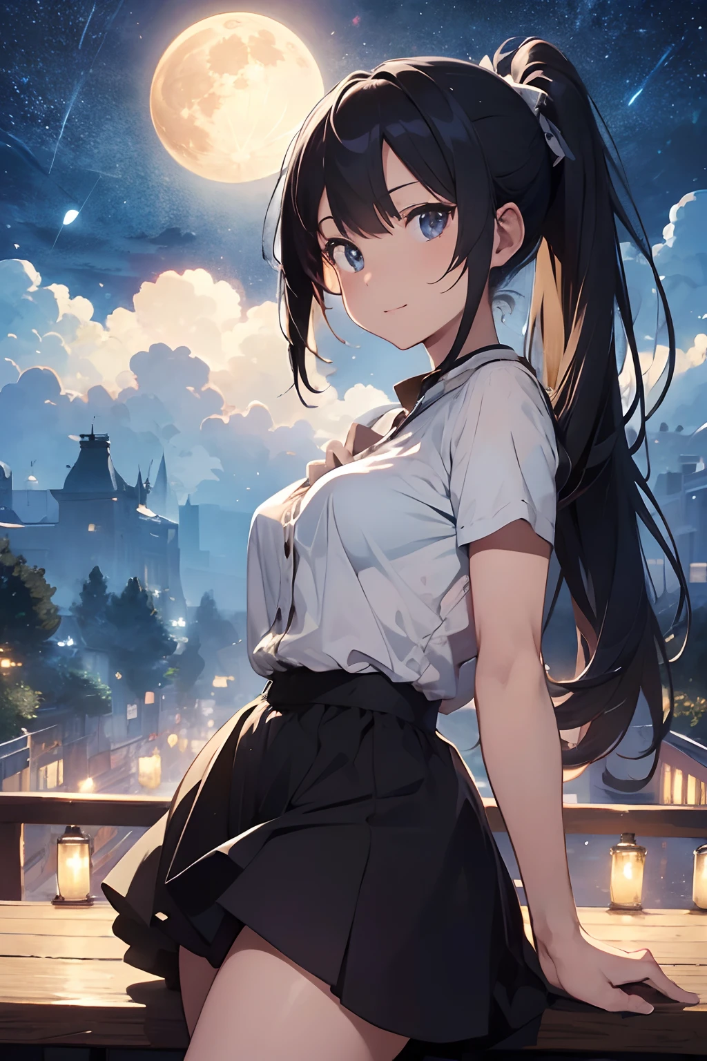 A woman in a short skirt and a white shirt is standing on a balcony - SeaArt AI